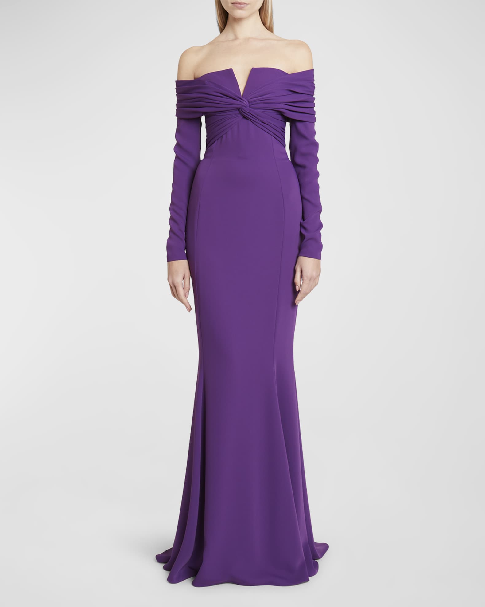 Zuhair Murad Twisted Off-The-Shoulder Long-Sleeve Cady Gown | Neiman Marcus