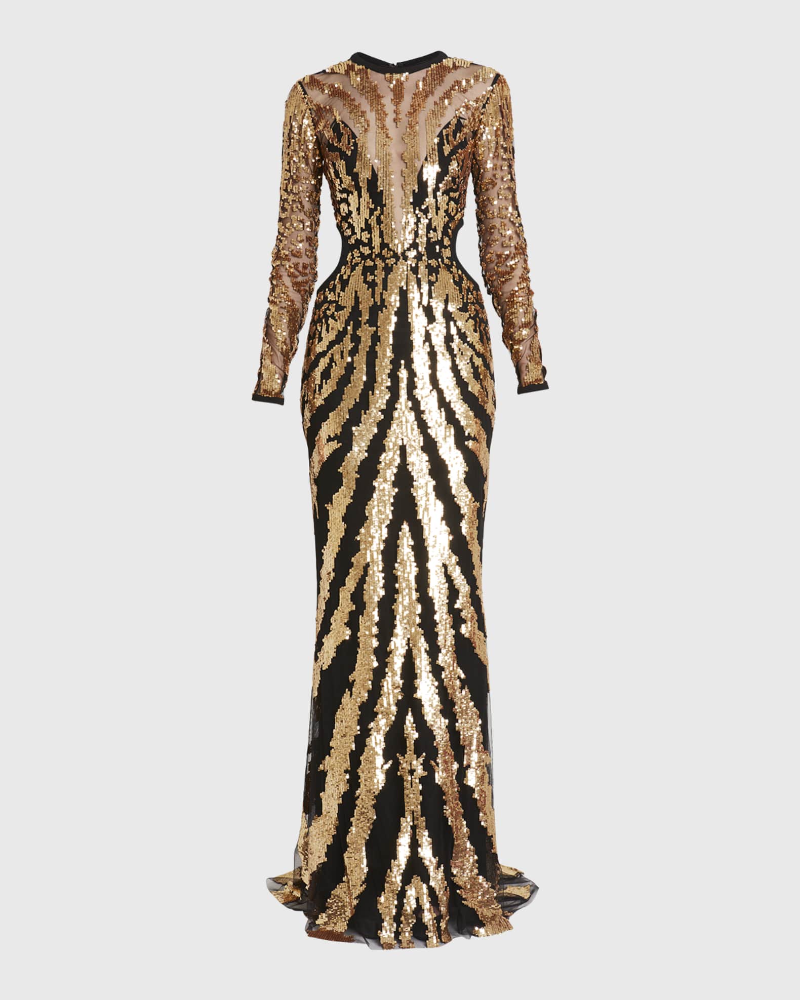 Zuhair Murad Zebra Sequin Cutout Long-Sleeve Illusion Gown | Neiman Marcus