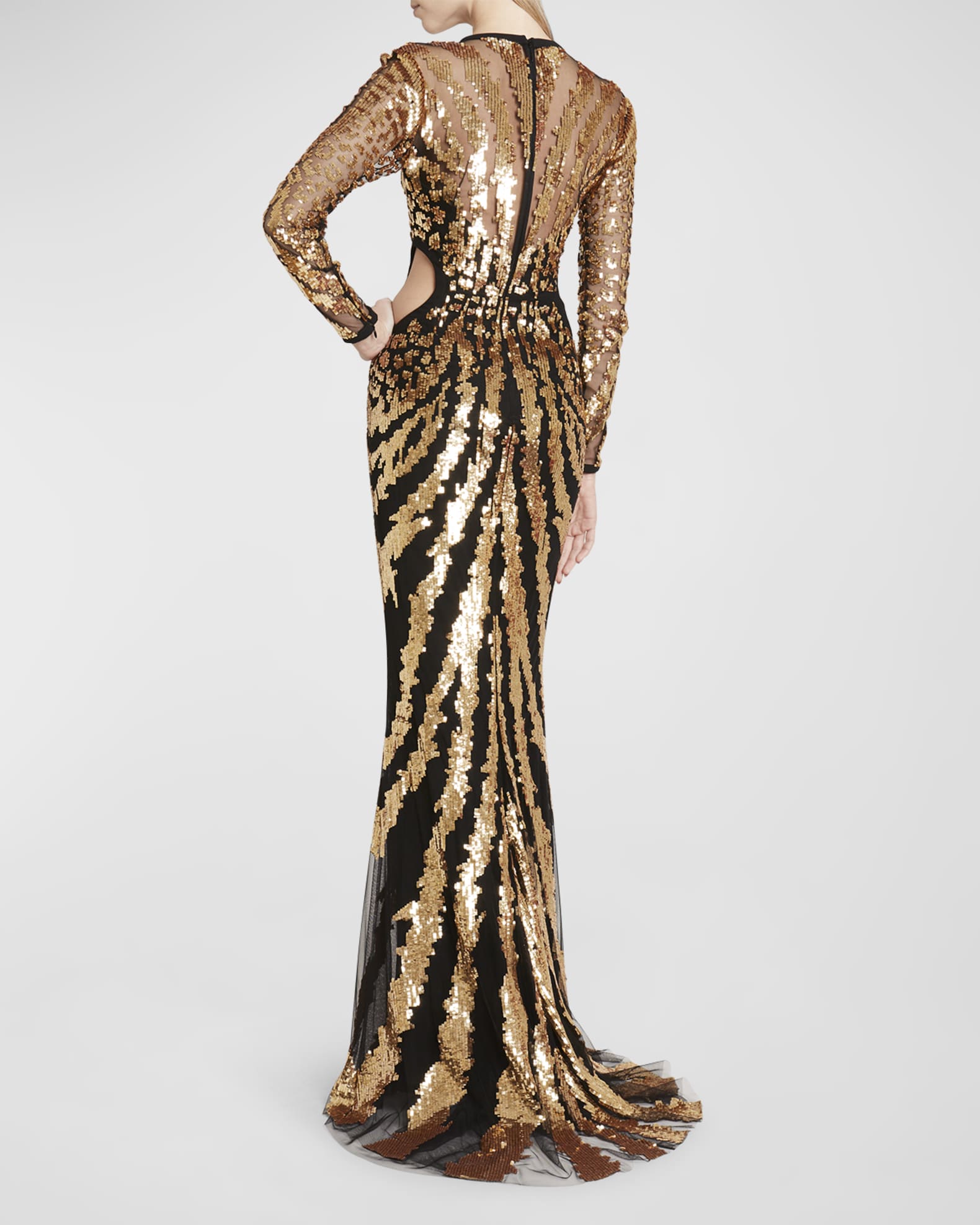 Zuhair Murad Zebra Sequin Cutout Long-Sleeve Illusion Gown | Neiman Marcus