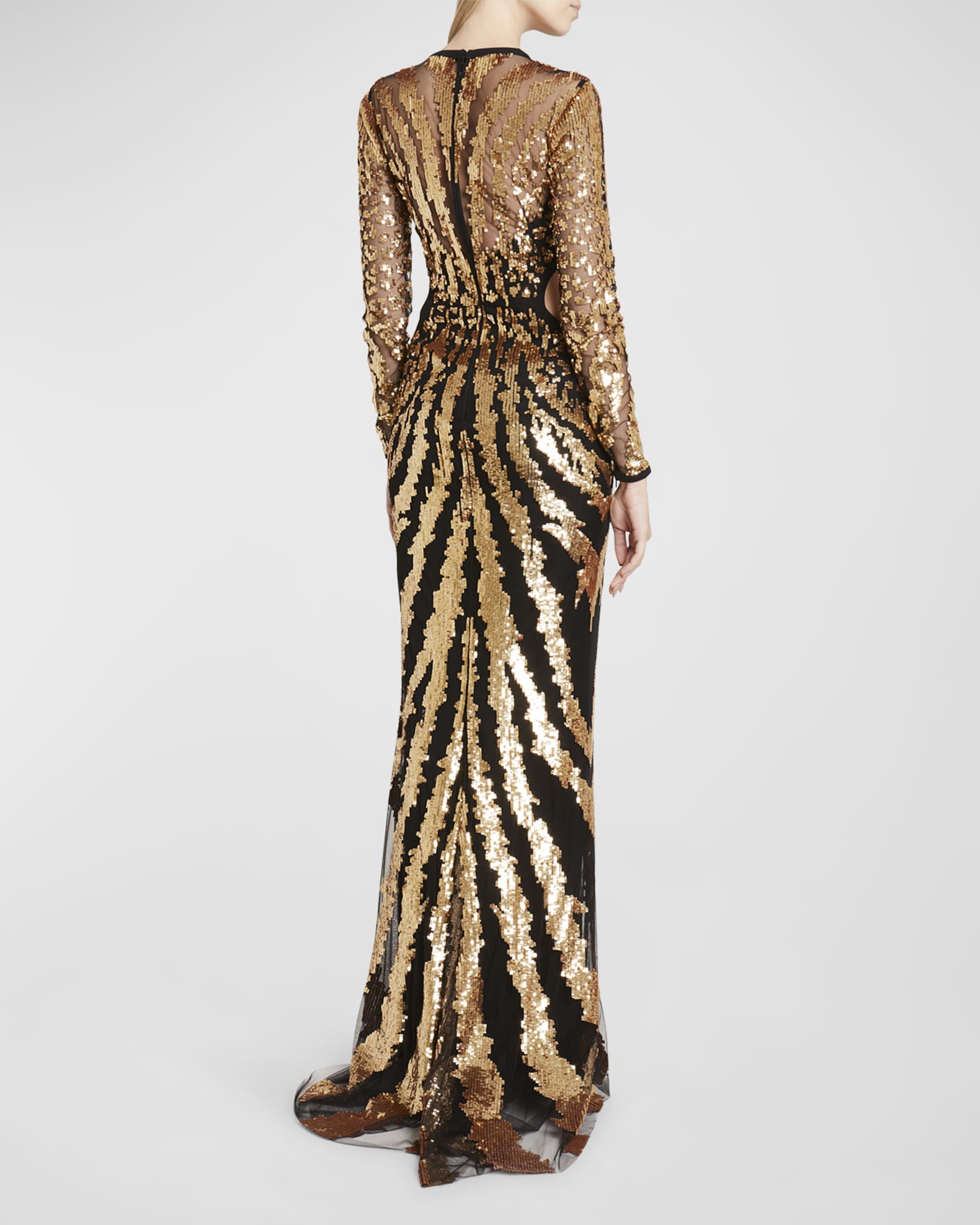 Zuhair Murad Zebra Sequin Cutout Long-Sleeve Illusion Gown | Neiman Marcus