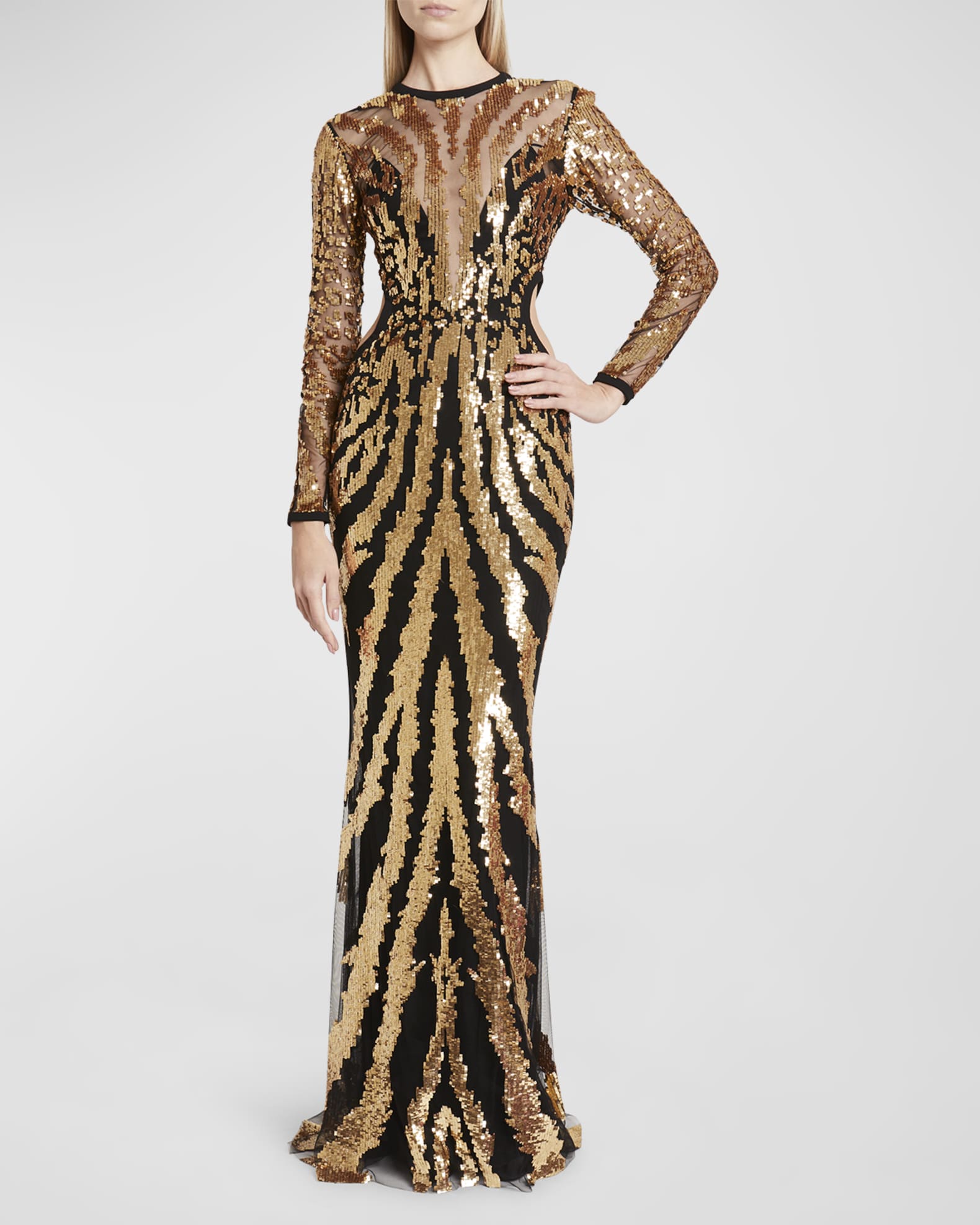 Zuhair Murad Zebra Sequin Cutout Long-Sleeve Illusion Gown | Neiman Marcus