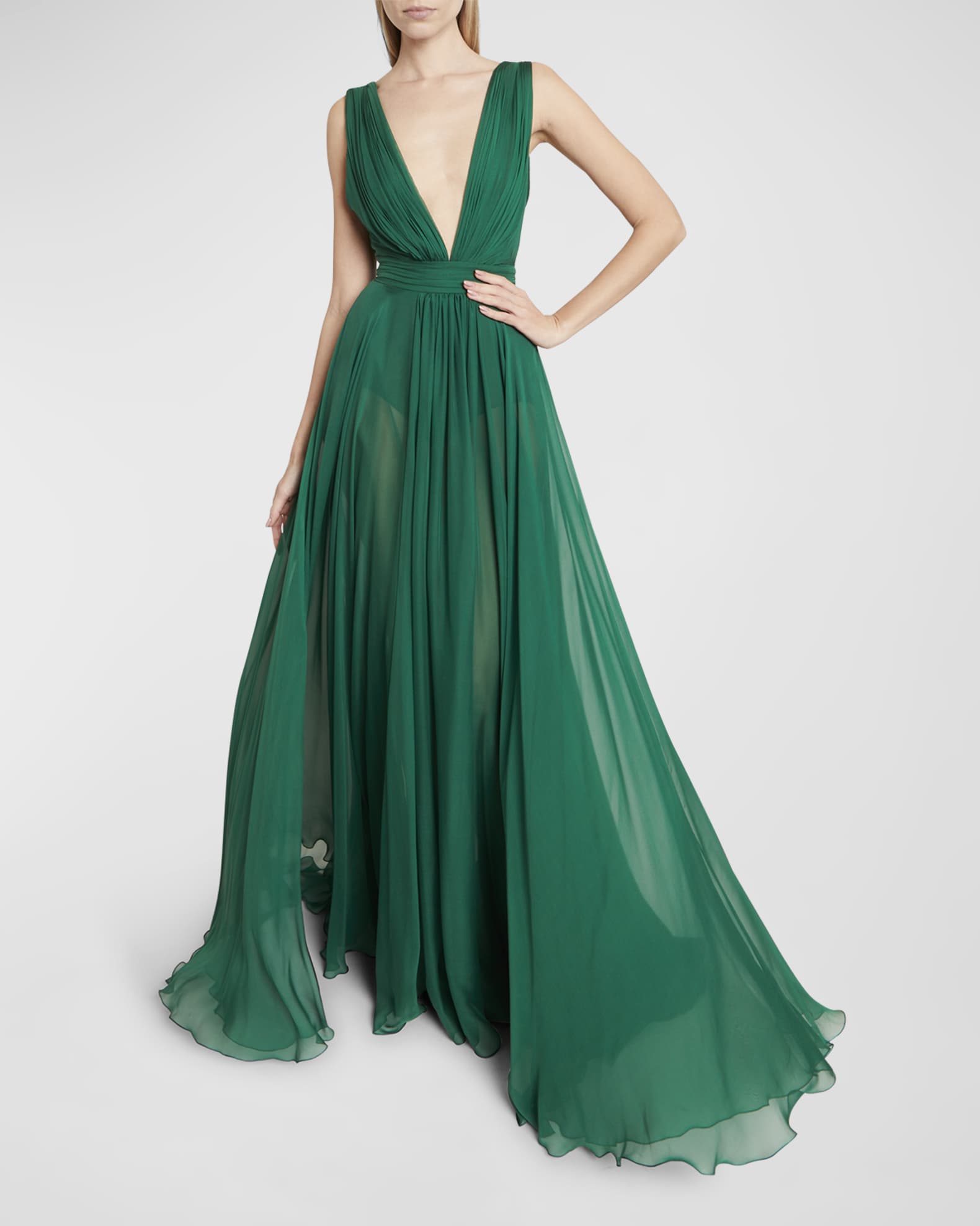 Zuhair Murad Plunging Sleeveless Silk Chiffon Gown | Neiman Marcus