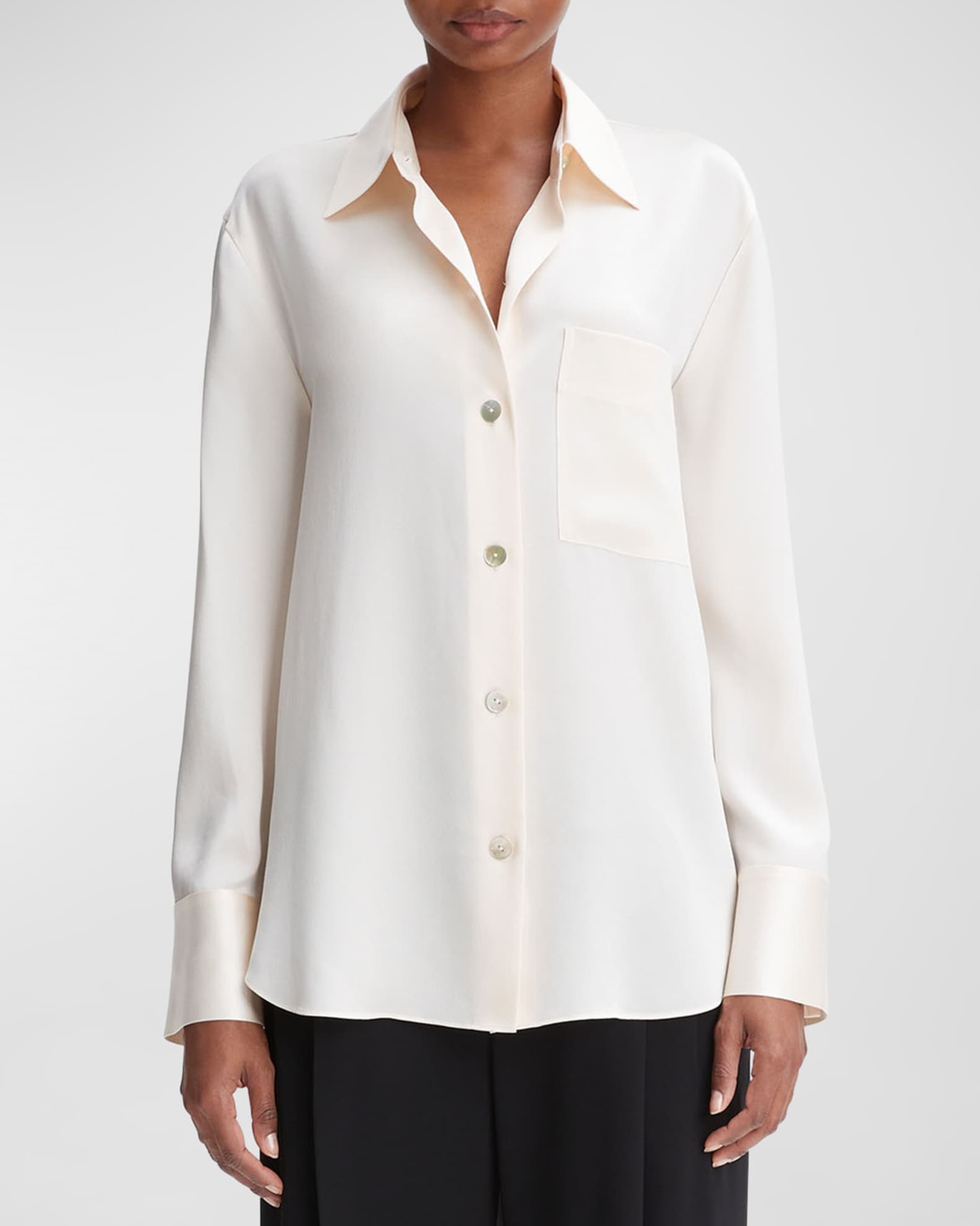 Vince Long-Sleeve Silk Chest Pocket Blouse | Neiman Marcus