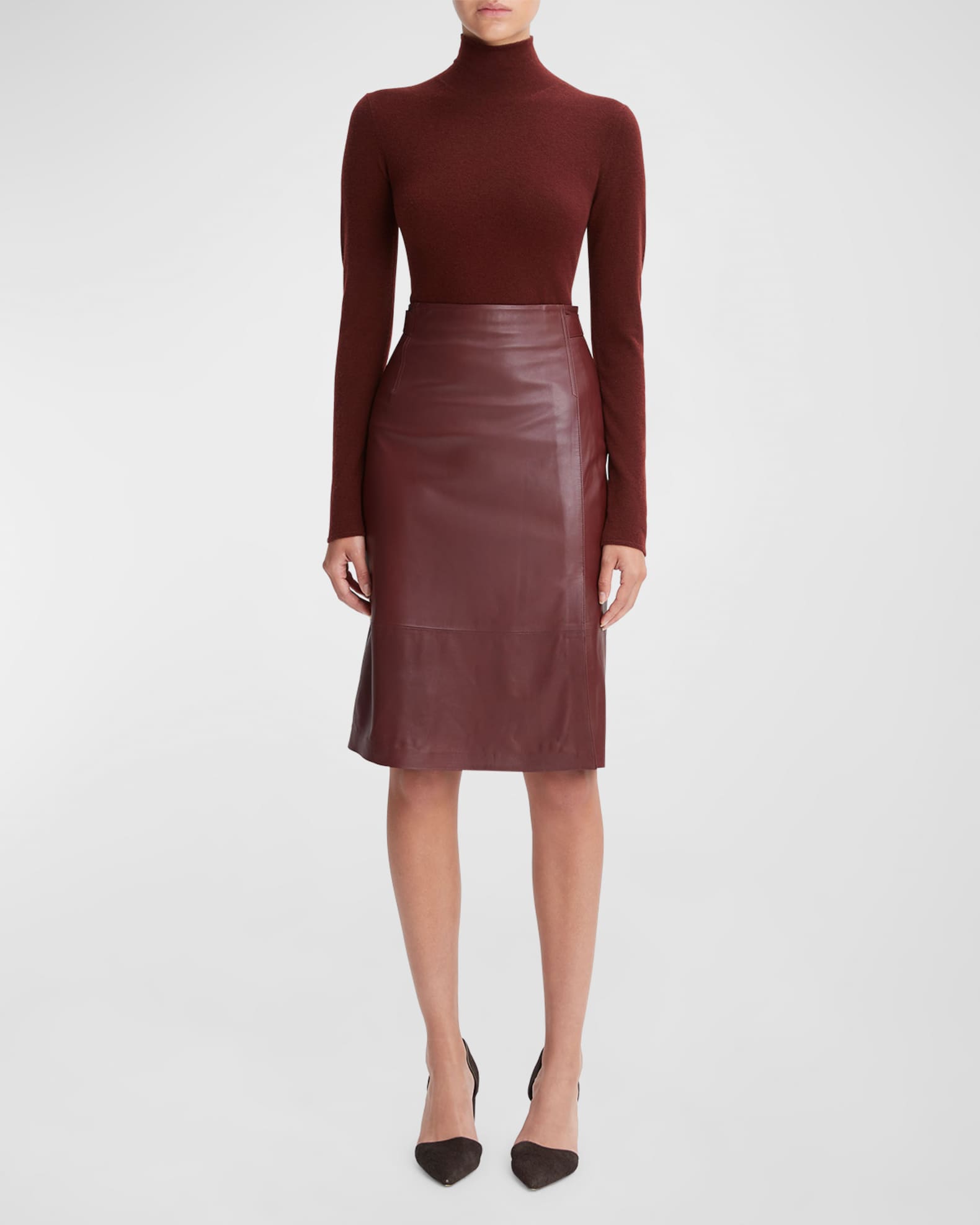 Vince Tailored Knee-Length Leather Skirt | Neiman Marcus