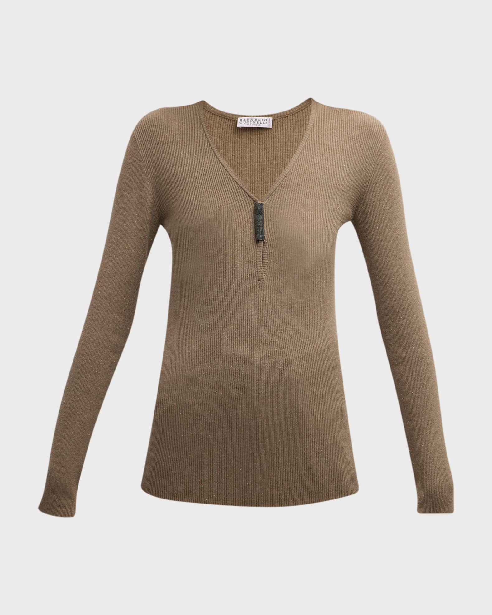 Brunello Cucinelli Tubular Monili-Trim V-Neck Metallic Cashmere Rib ...