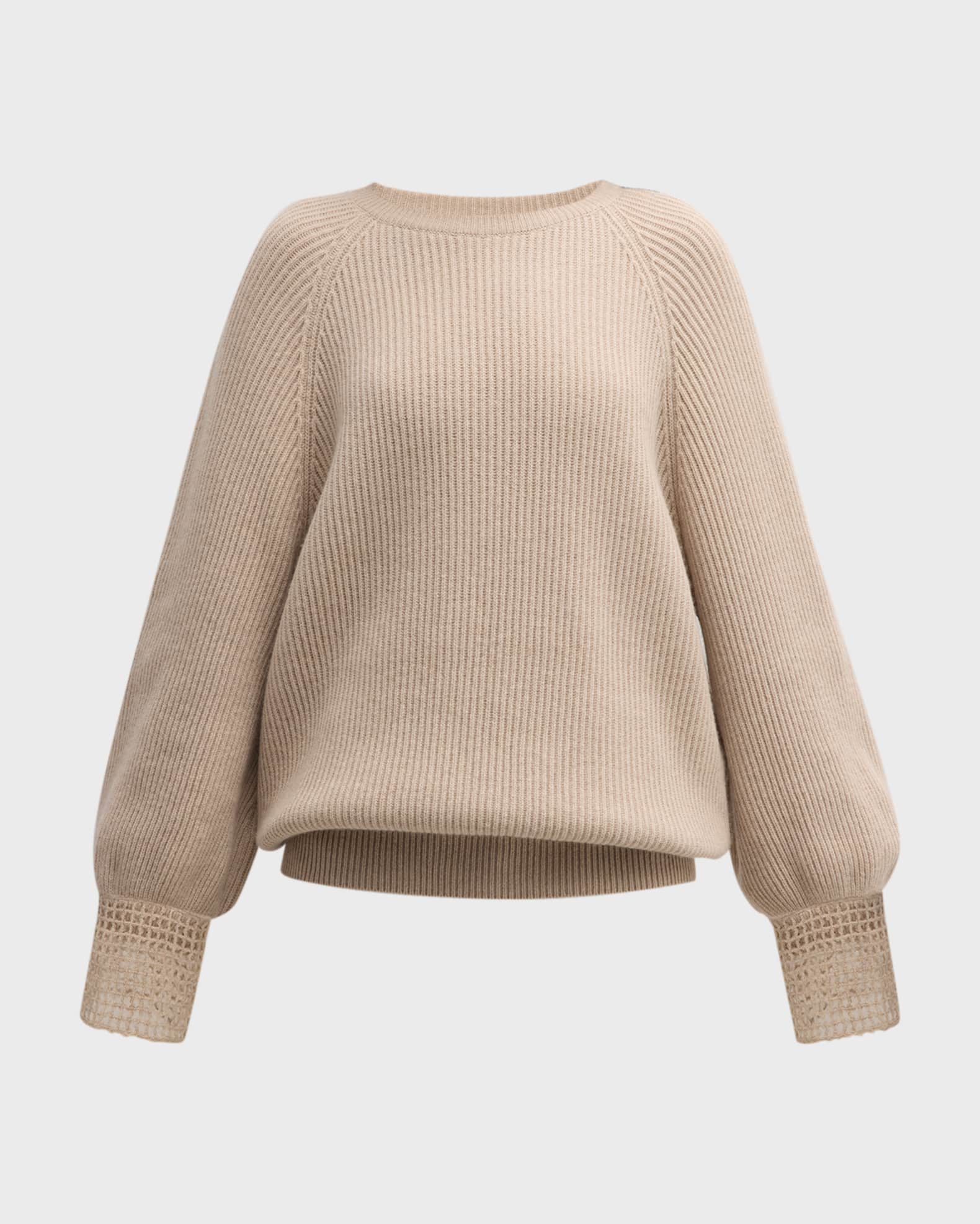 Brunello Cucinelli Cashmere Sweater with Net Stitch Cuffs | Neiman Marcus