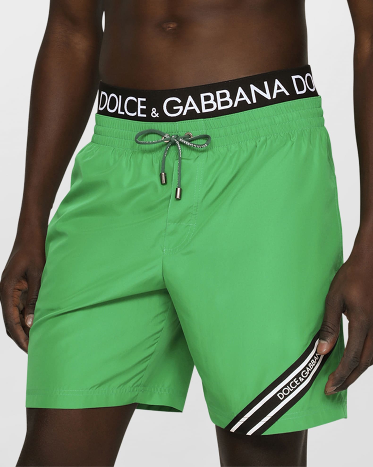 Dolce&Gabbana Men's Long Swim Shorts with DG Logo Waistband | Neiman Marcus