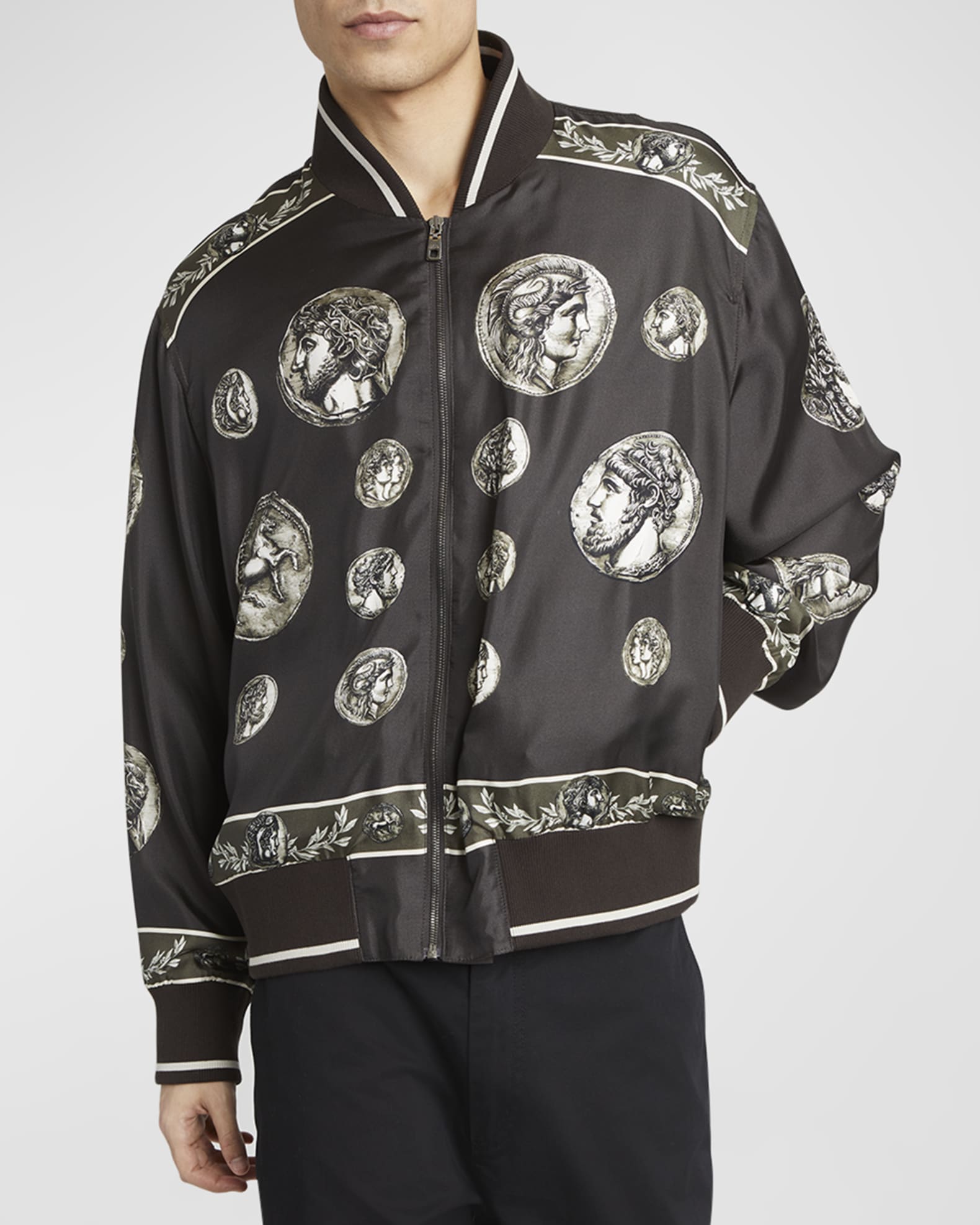 Dolce&Gabbana Men's Roma Coin Silk Bomber Jacket | Neiman Marcus