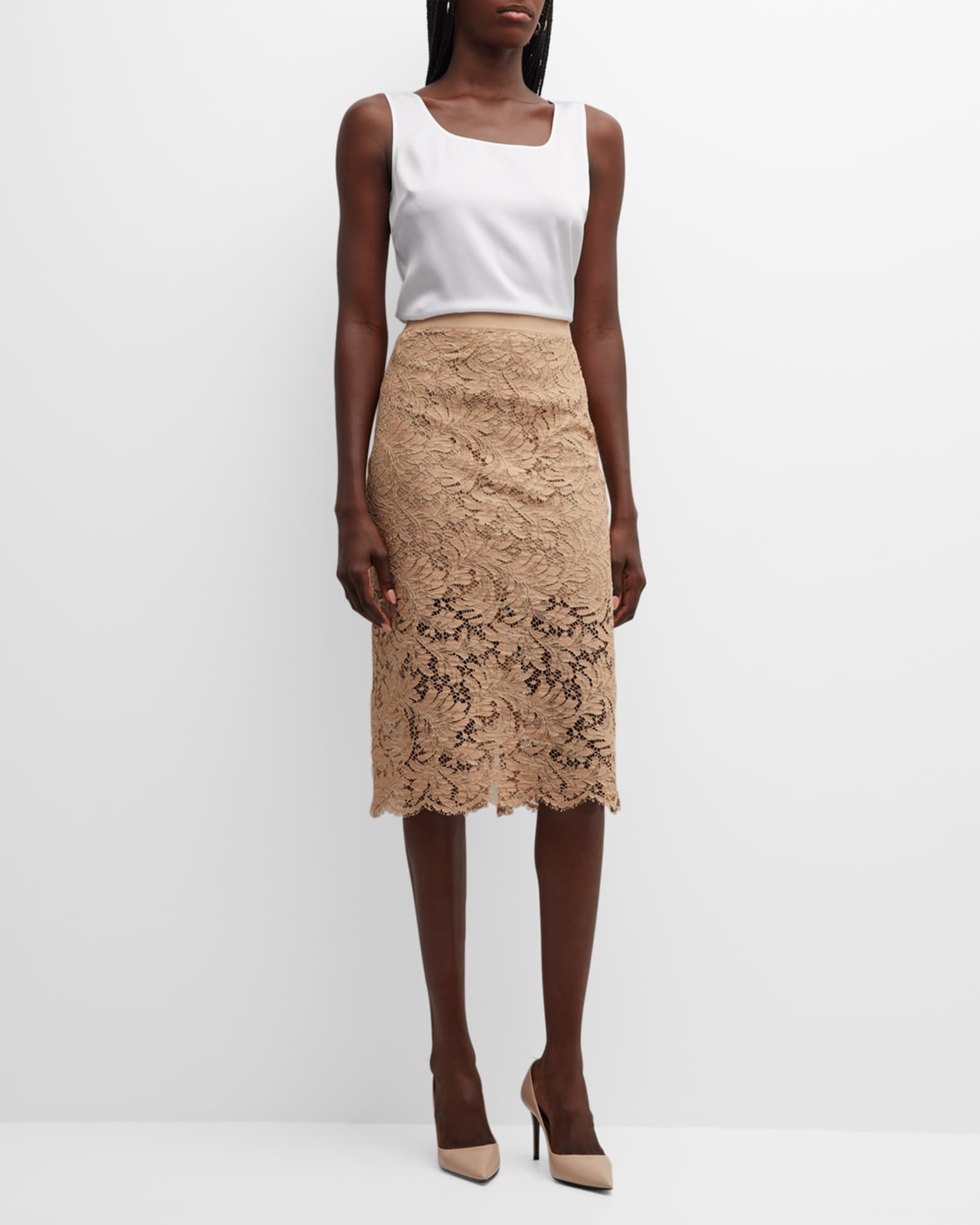 St. John Fern Leaf Lace Midi Skirt | Neiman Marcus