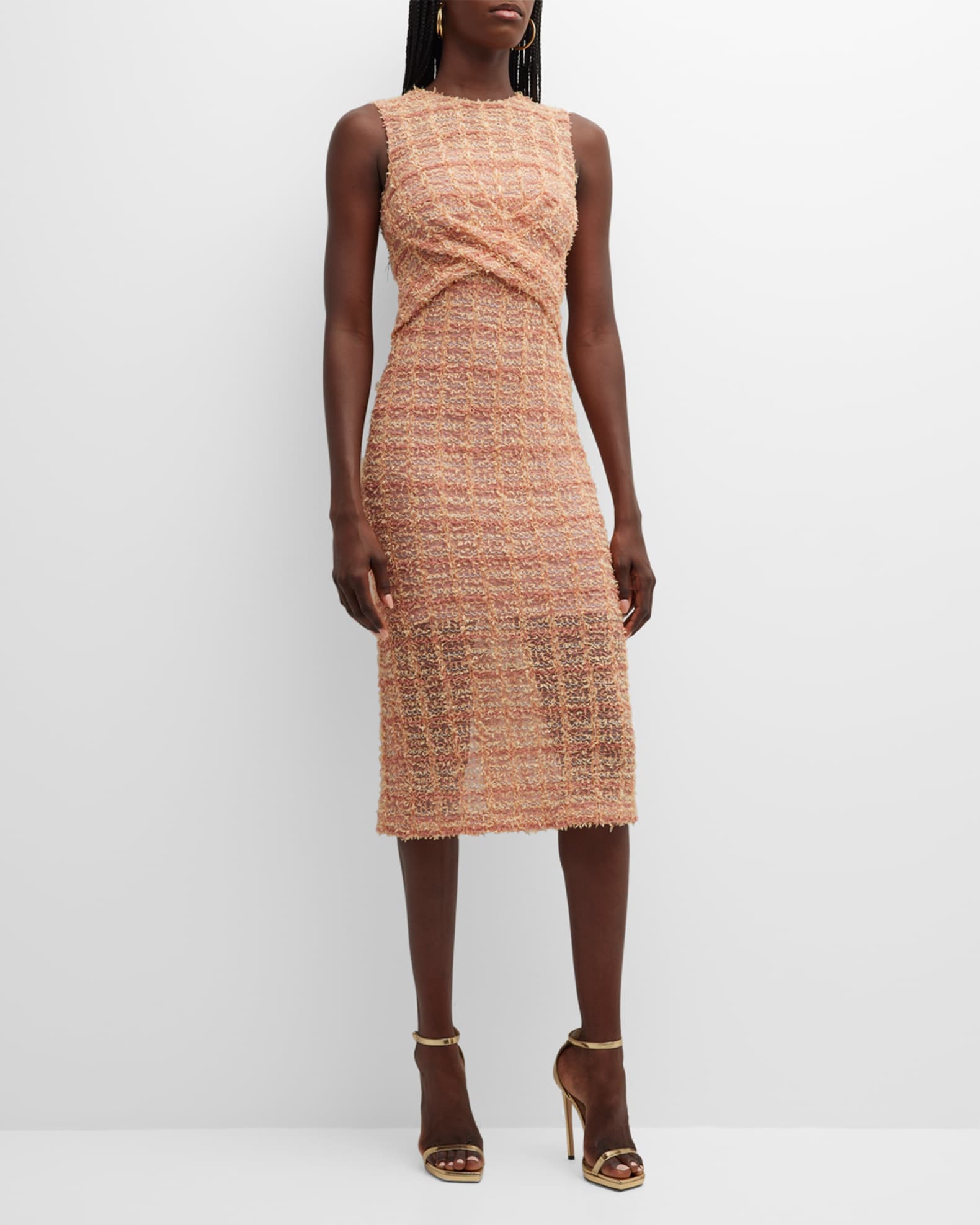 St. John Gossamer Eyelash Plaid Knit Draped Midi Dress | Neiman Marcus