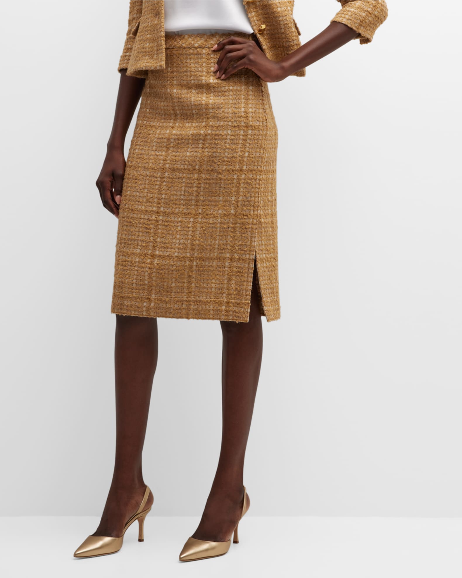 St. John Tonal Soft Check Tweed Side-Slit Midi Skirt | Neiman Marcus