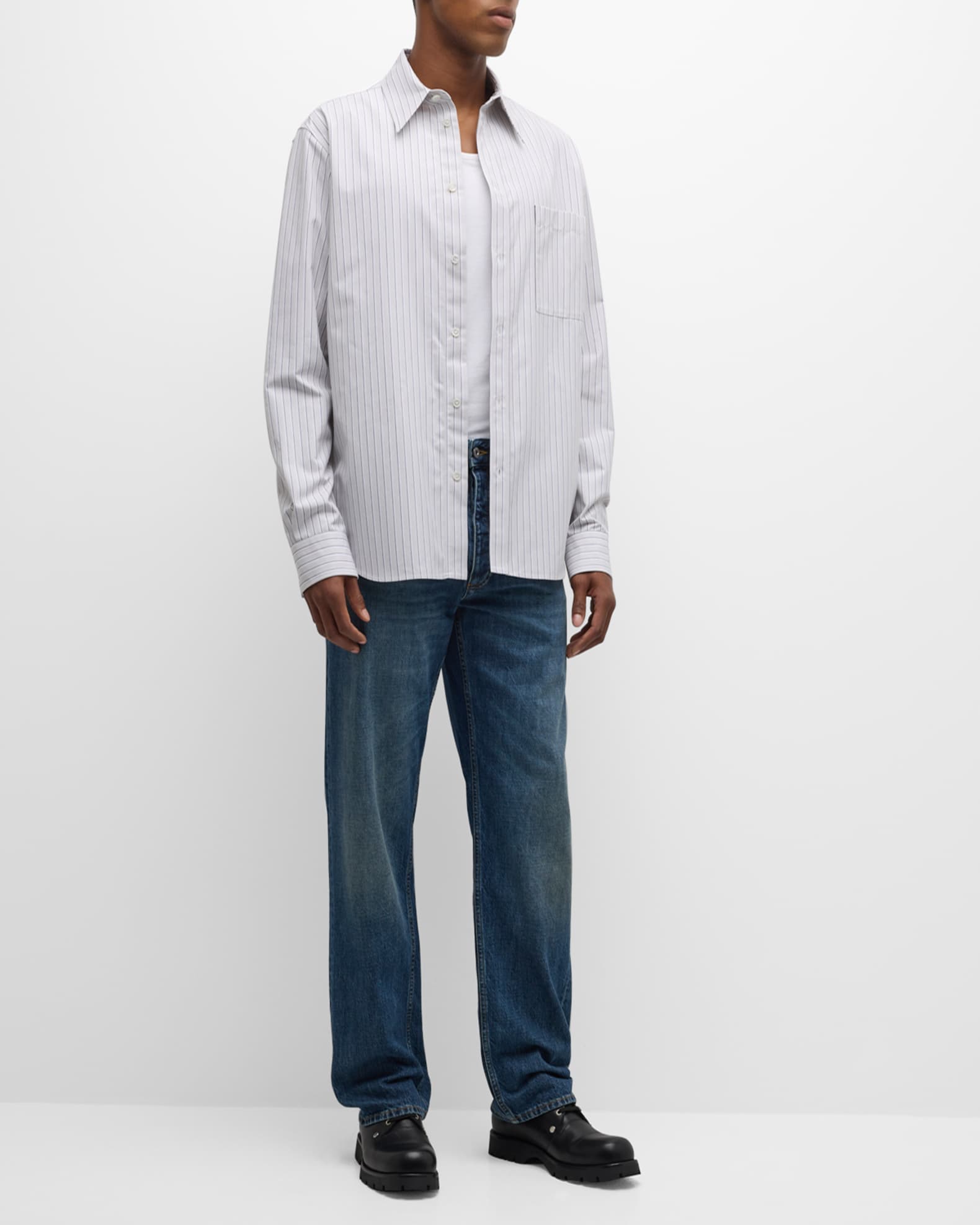 Bottega Veneta Men's Hairline Stripe Cotton Sport Shirt | Neiman Marcus