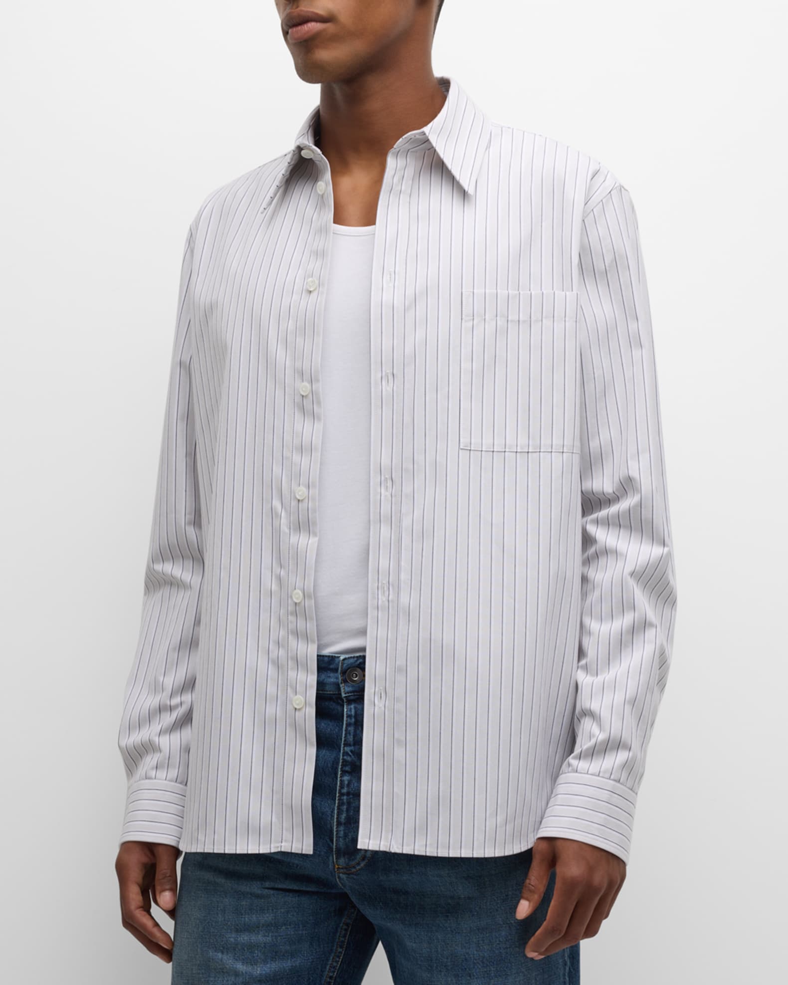 Bottega Veneta Men's Hairline Stripe Cotton Sport Shirt | Neiman Marcus