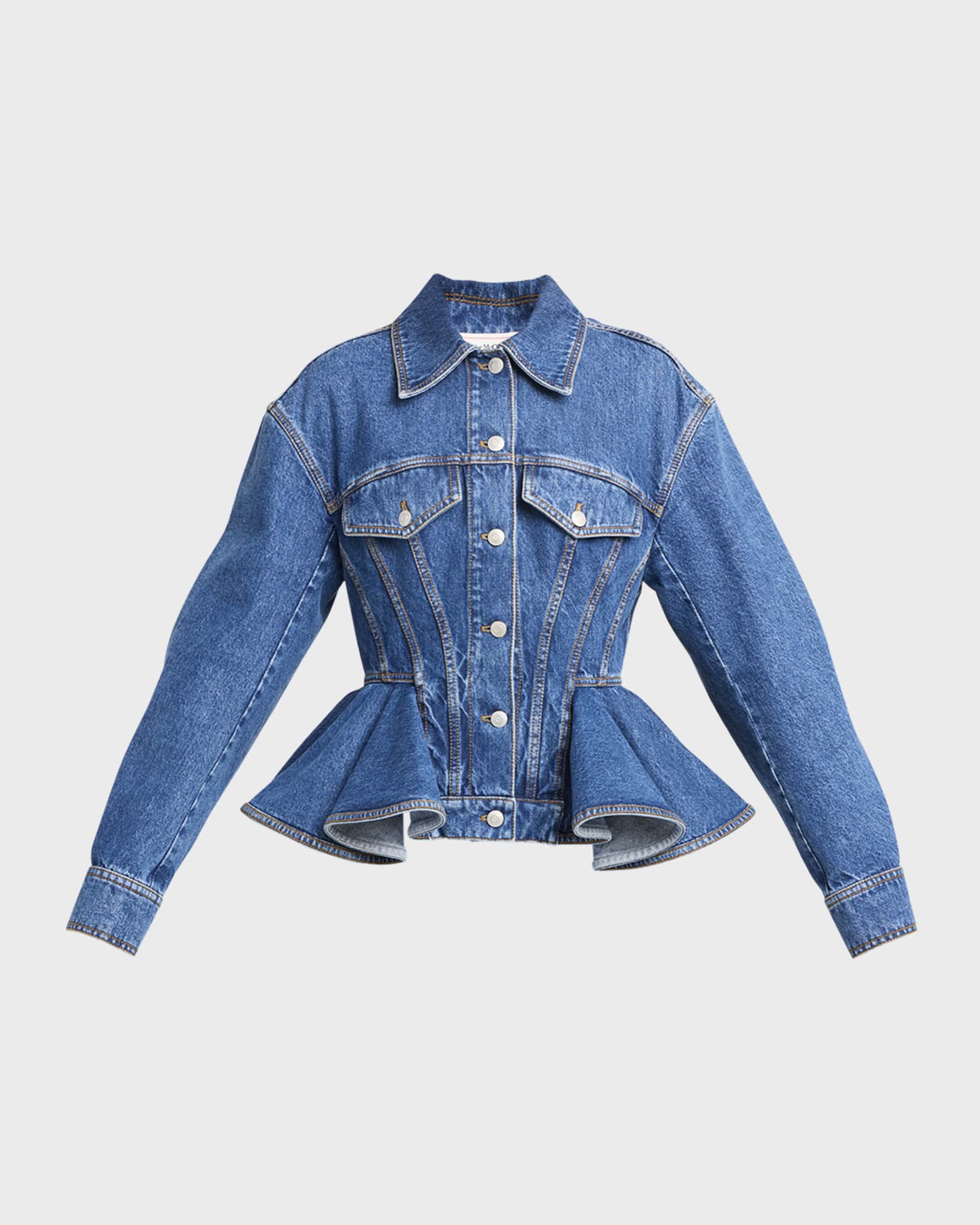 Alexander McQueen Flared Peplum Denim Jacket | Neiman Marcus