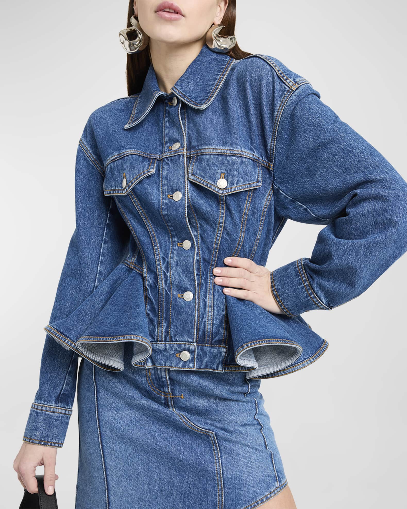 Alexander McQueen Flared Peplum Denim Jacket | Neiman Marcus