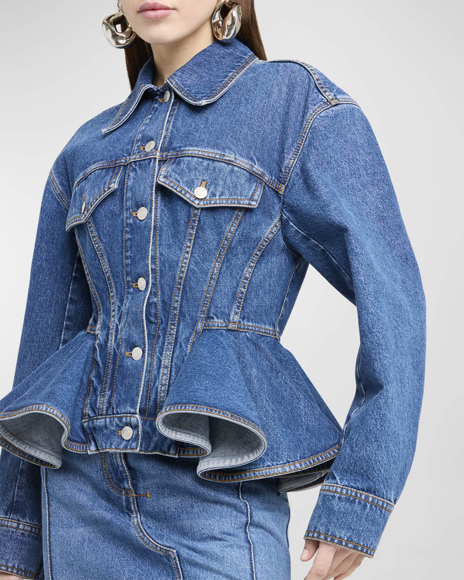 Alexander McQueen Flared Peplum Denim Jacket | Neiman Marcus
