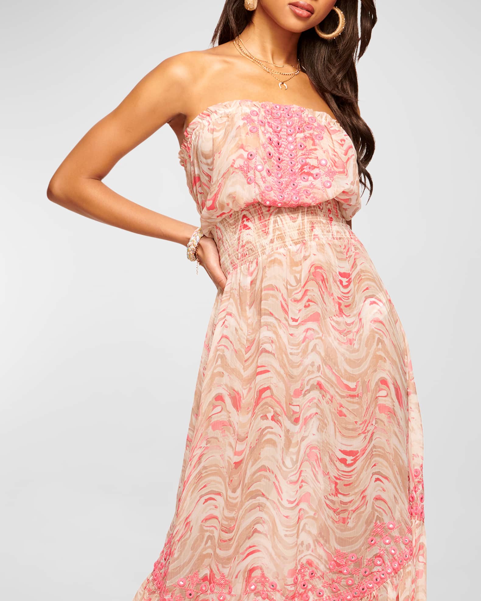 Ramy Brook Lilly Strapless Smocked Embroidery Dress | Neiman Marcus