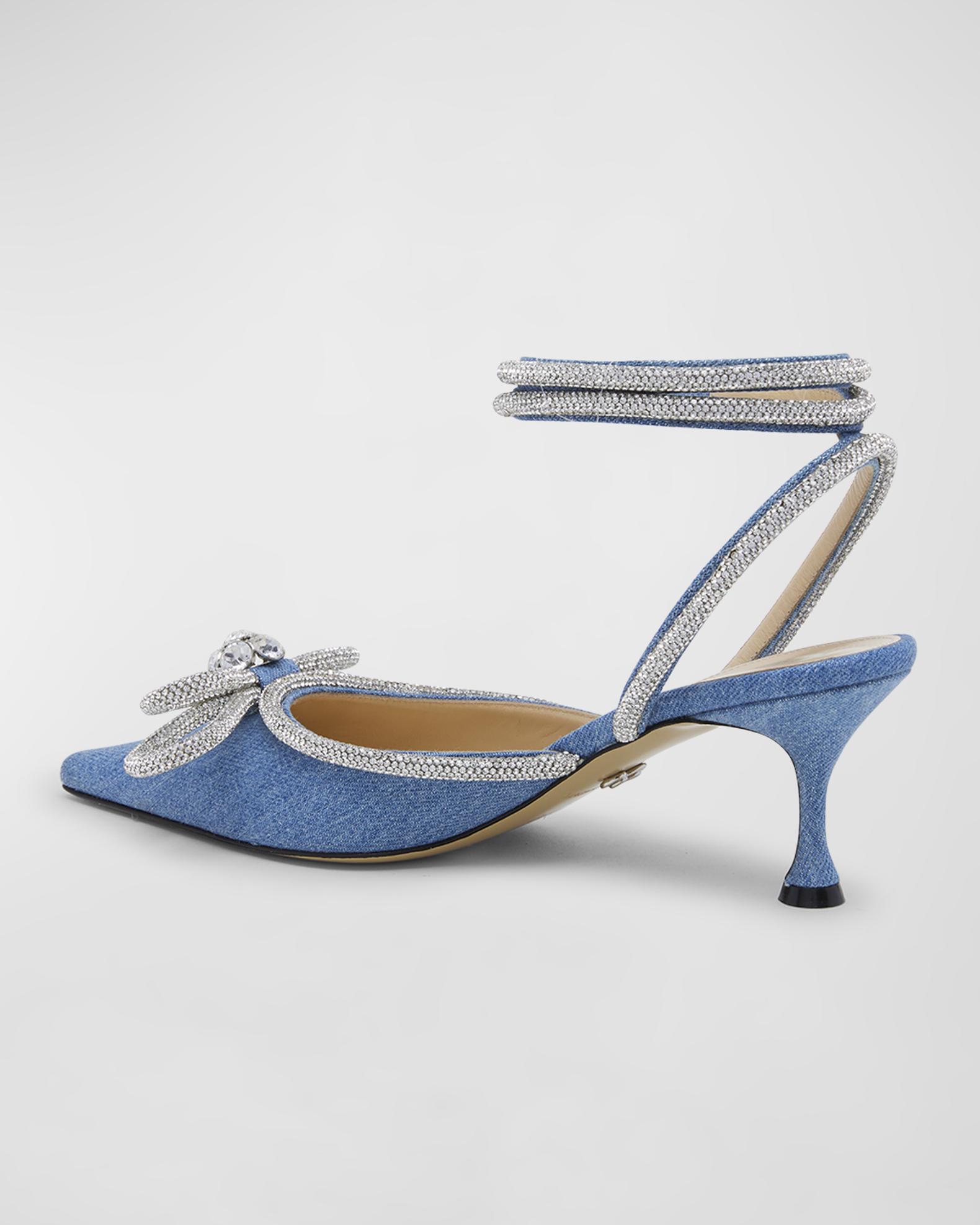 MACH & MACH Strass Bow Double Ankle-Strap Denim Pumps | Neiman Marcus