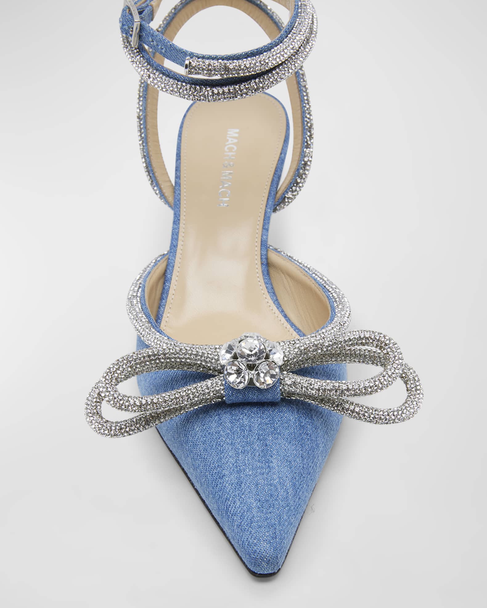 MACH & MACH Strass Bow Double Ankle-Strap Denim Pumps | Neiman Marcus