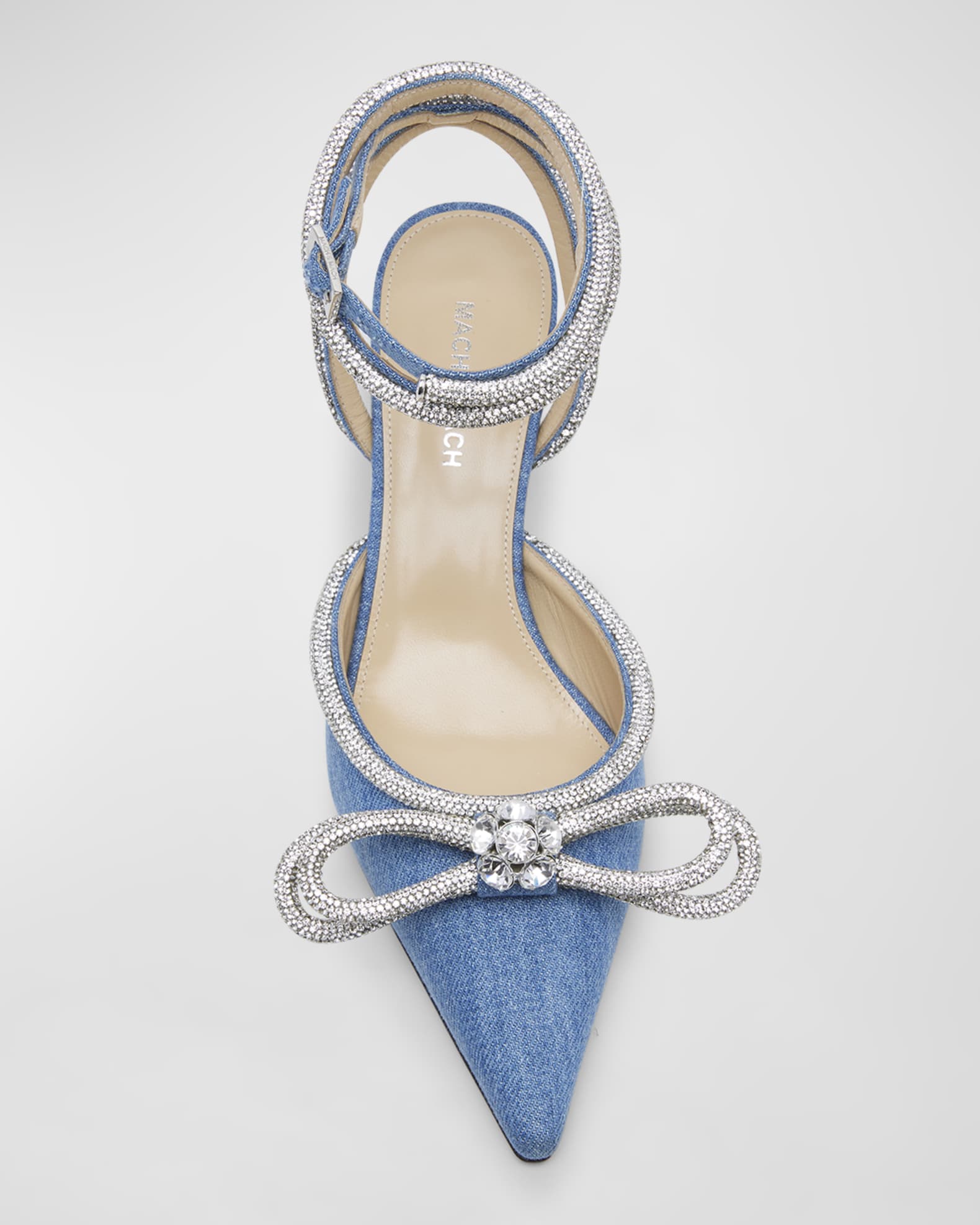 MACH & MACH Strass Bow Double Ankle-Strap Denim Pumps | Neiman Marcus