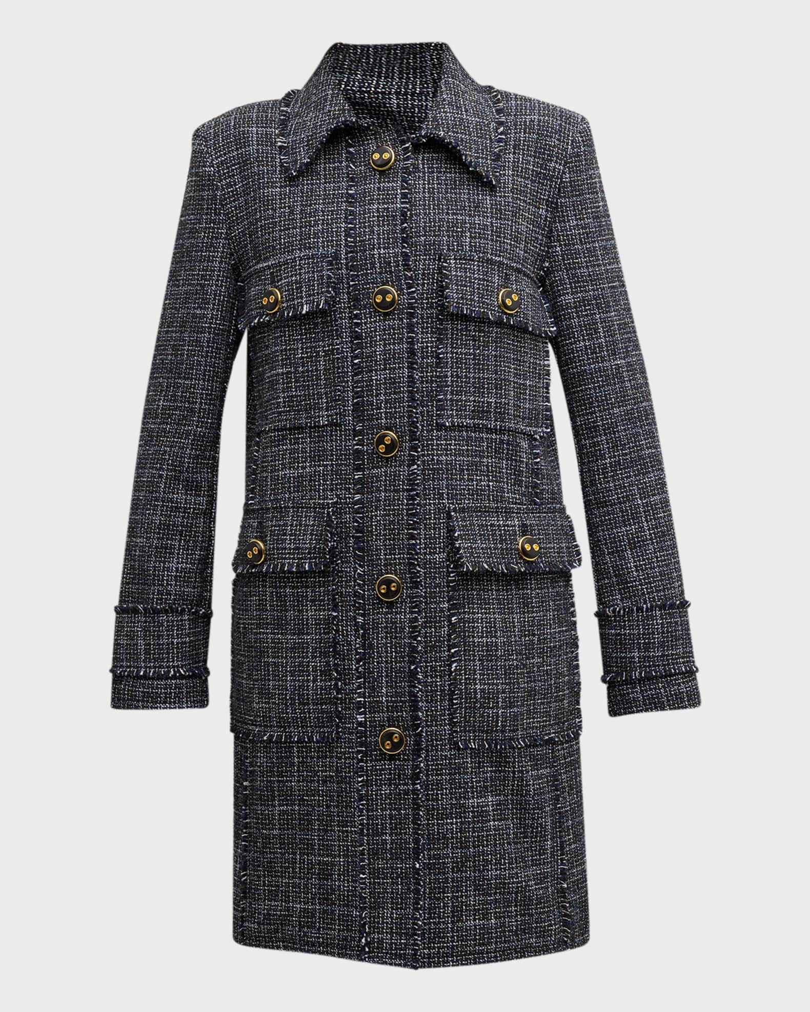 St. John Graphic Check Mini Bouclette Tweed Top Coat with Raw Edge Trim ...