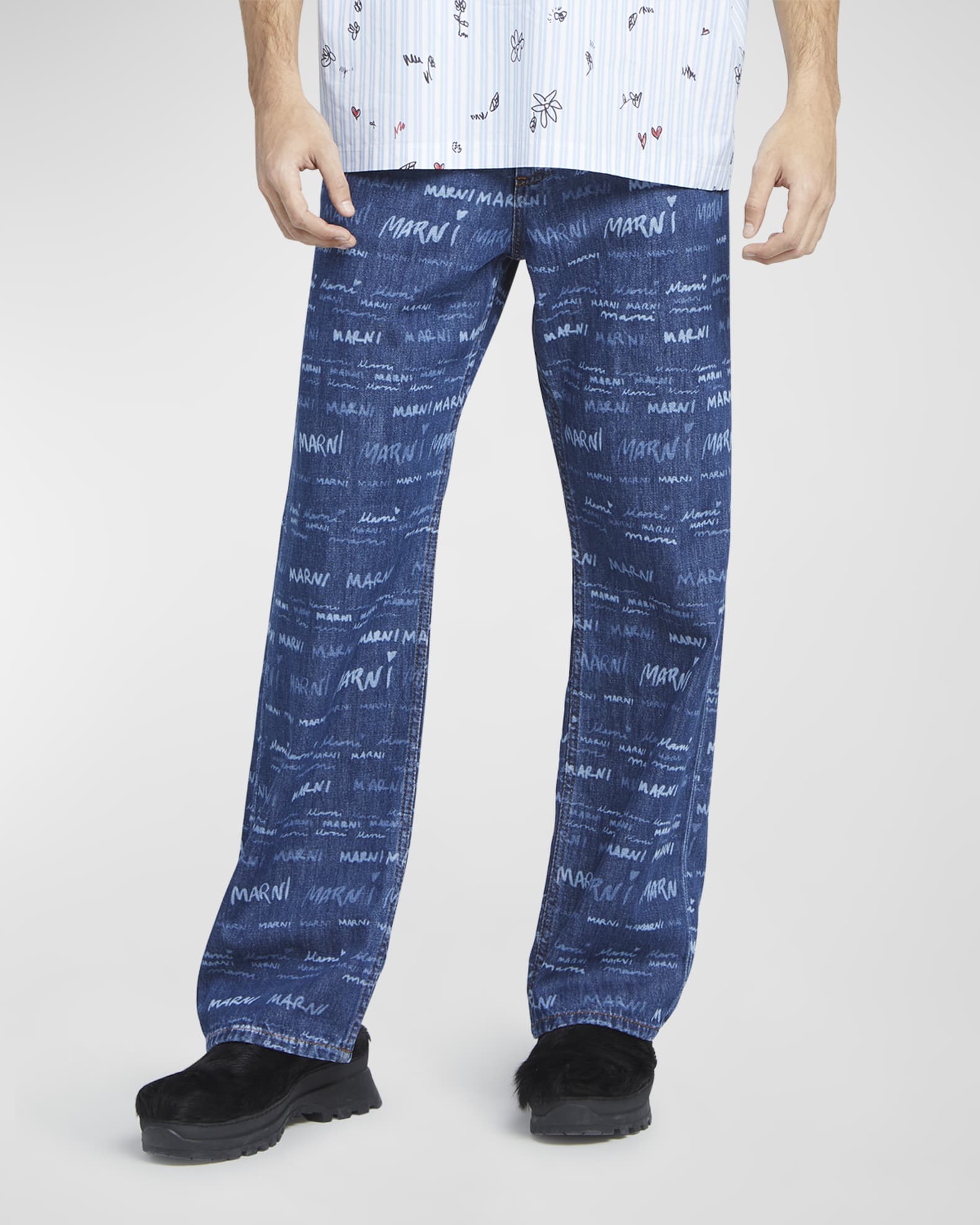 Marni Men's Straight-Leg Jeans with Repeated Logo | Neiman Marcus