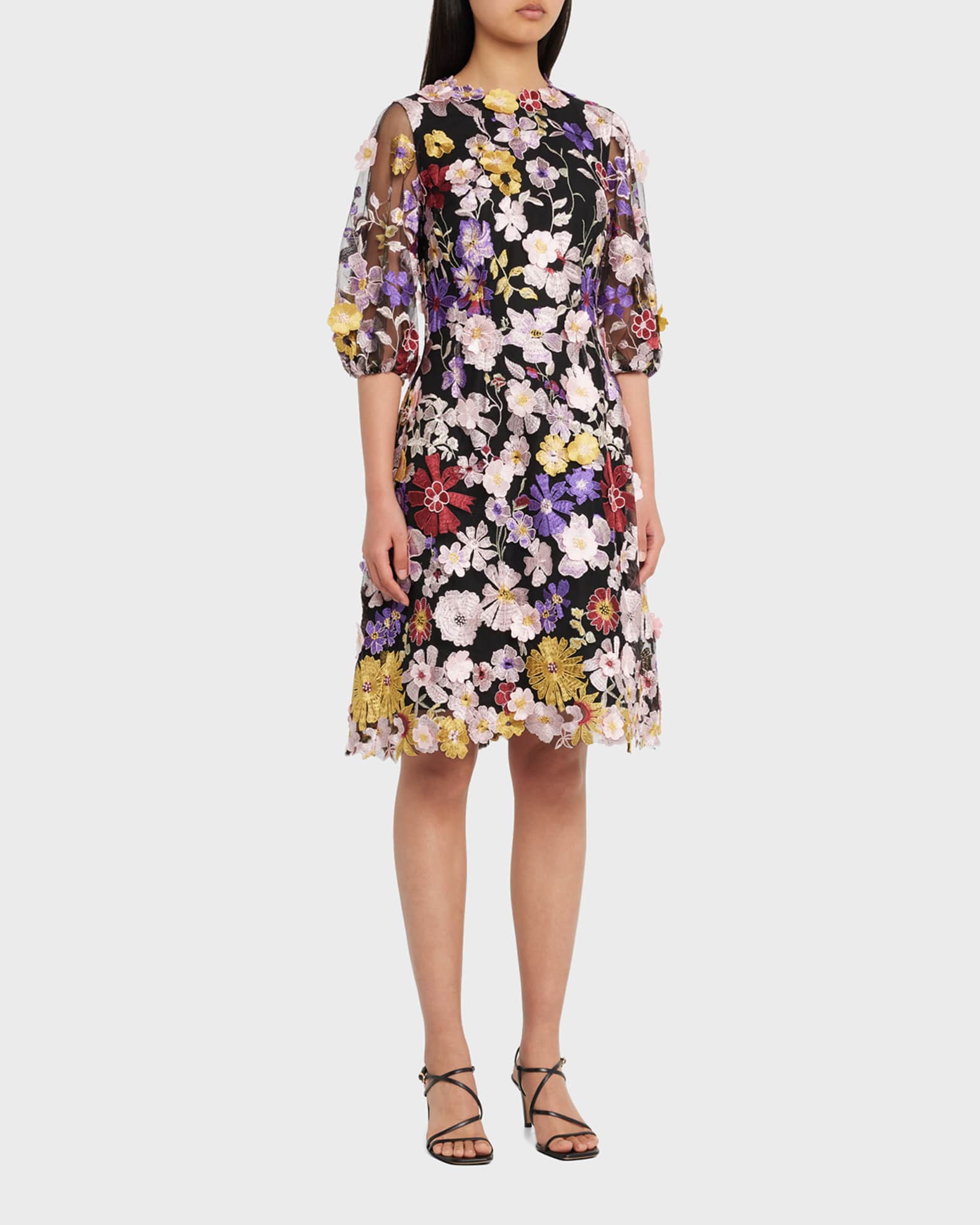 Rickie Freeman for Teri Jon Floral-Embroidered Blouson-Sleeve Midi ...