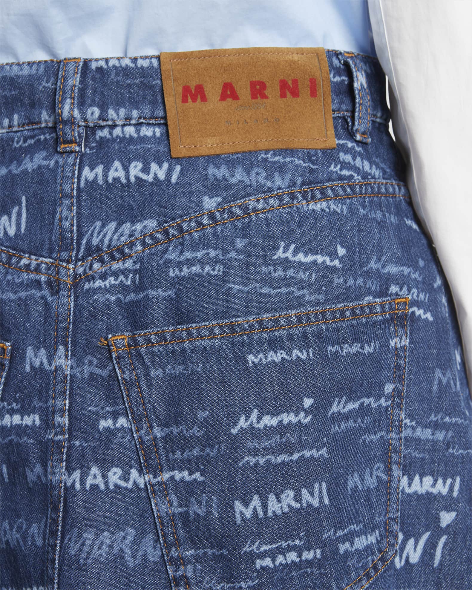 Marni Logo-Print Mini Denim Skirt | Neiman Marcus