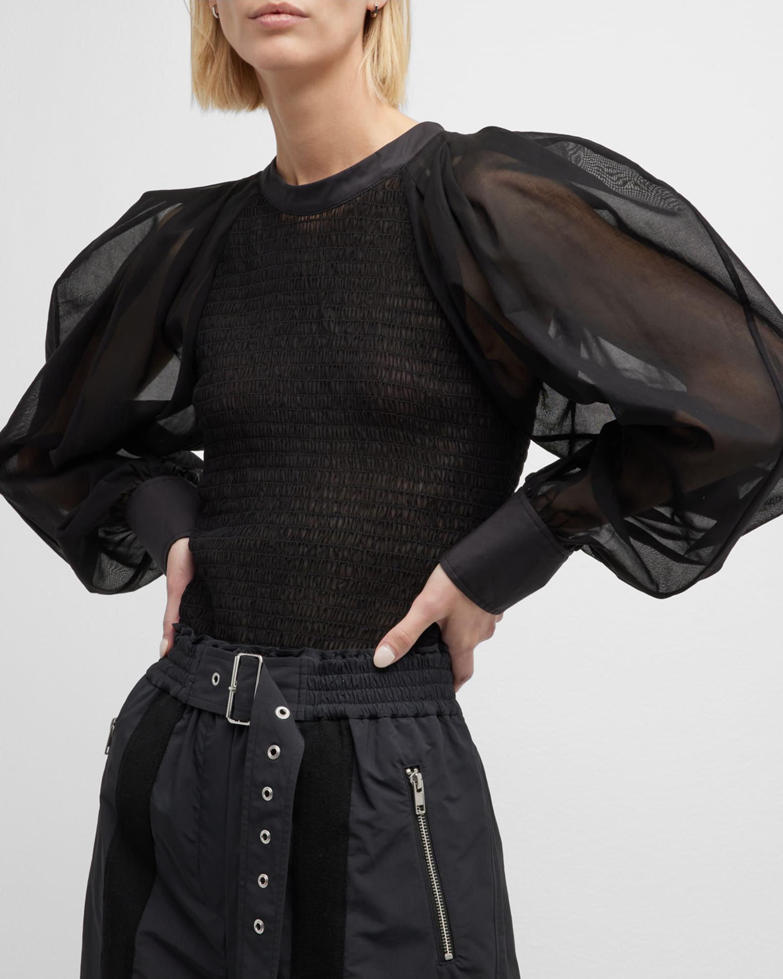 3.1 Phillip Lim Sheer Long-Sleeve Smocked Top | Neiman Marcus