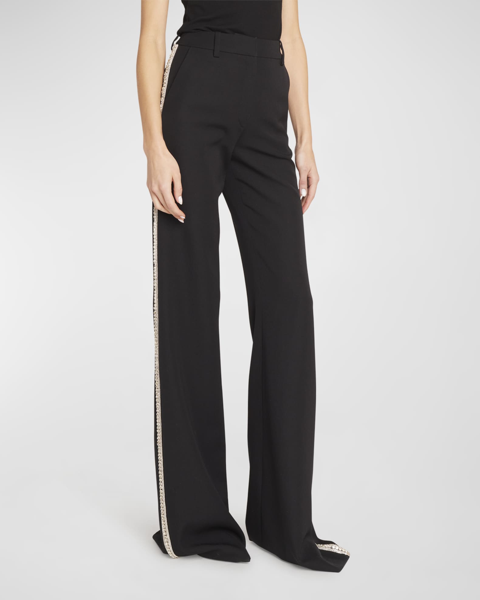 Balmain Side-Embroidered Flare Wool Pants | Neiman Marcus
