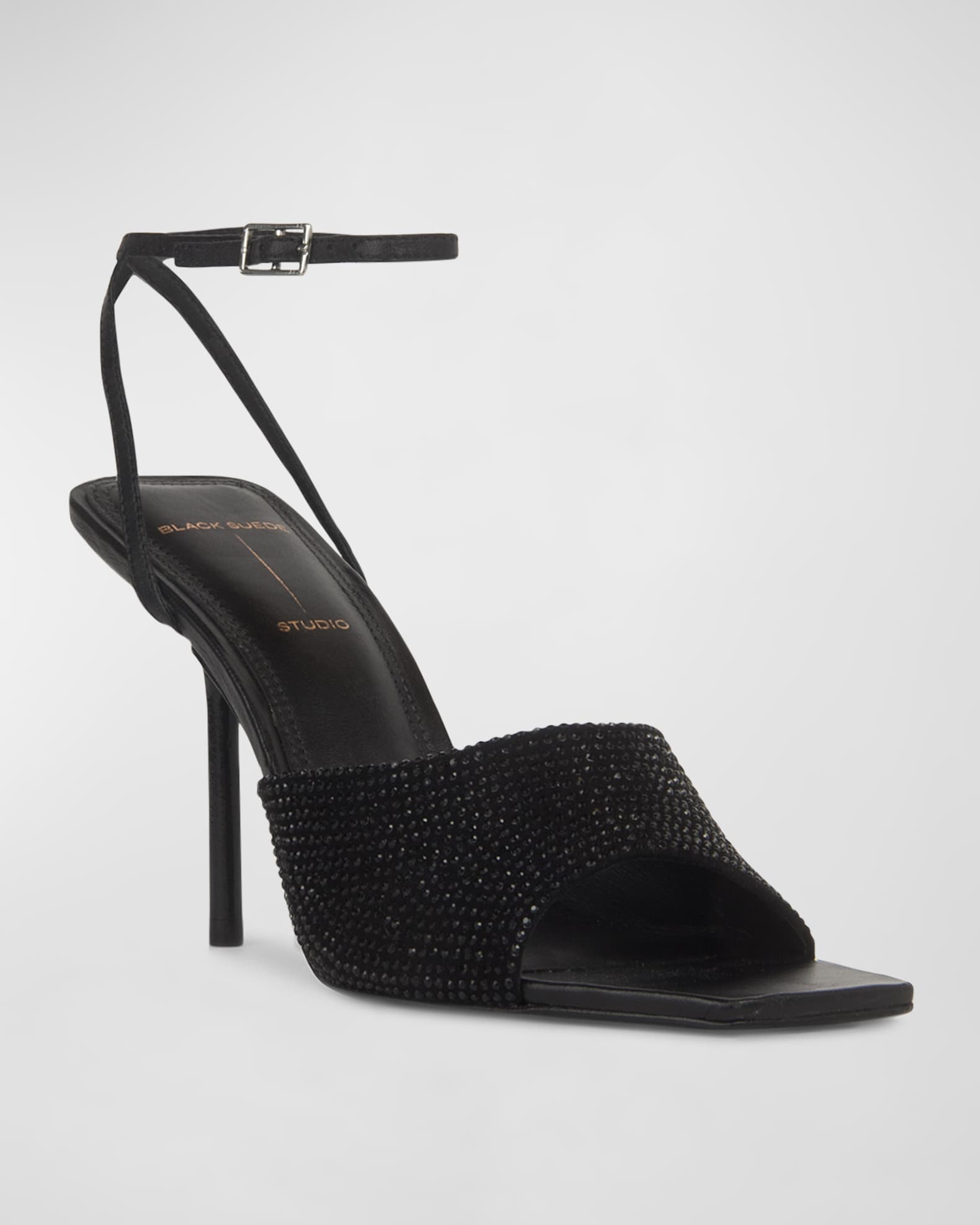 Black Suede Studio Crystal Ankle-Strap Stiletto Sandals | Neiman Marcus