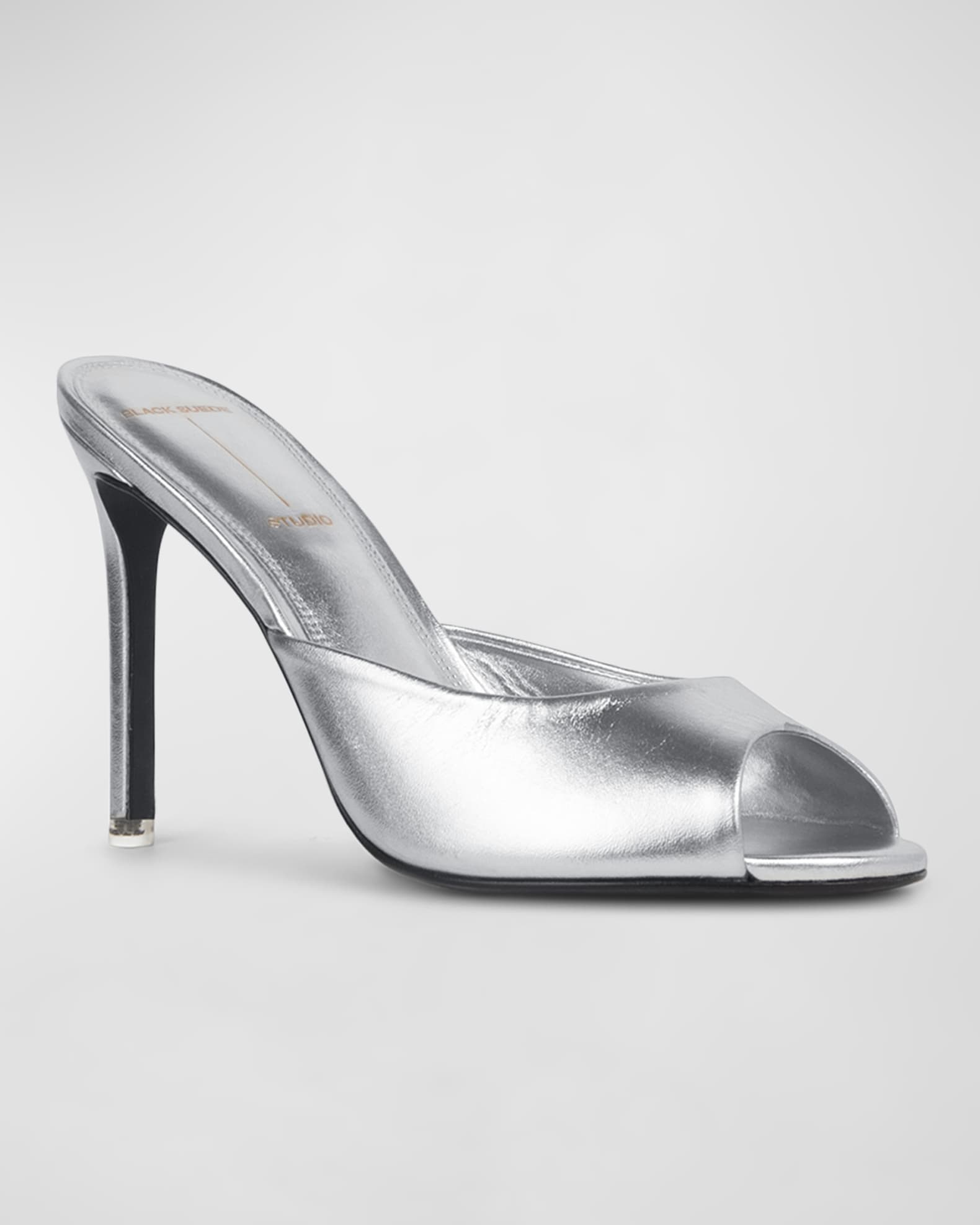 Black Suede Studio Metallic Leather Peep-Toe Mules | Neiman Marcus
