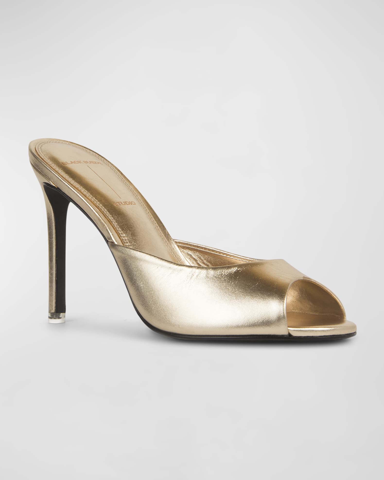 Black Suede Studio Metallic Leather Peep-Toe Mules | Neiman Marcus