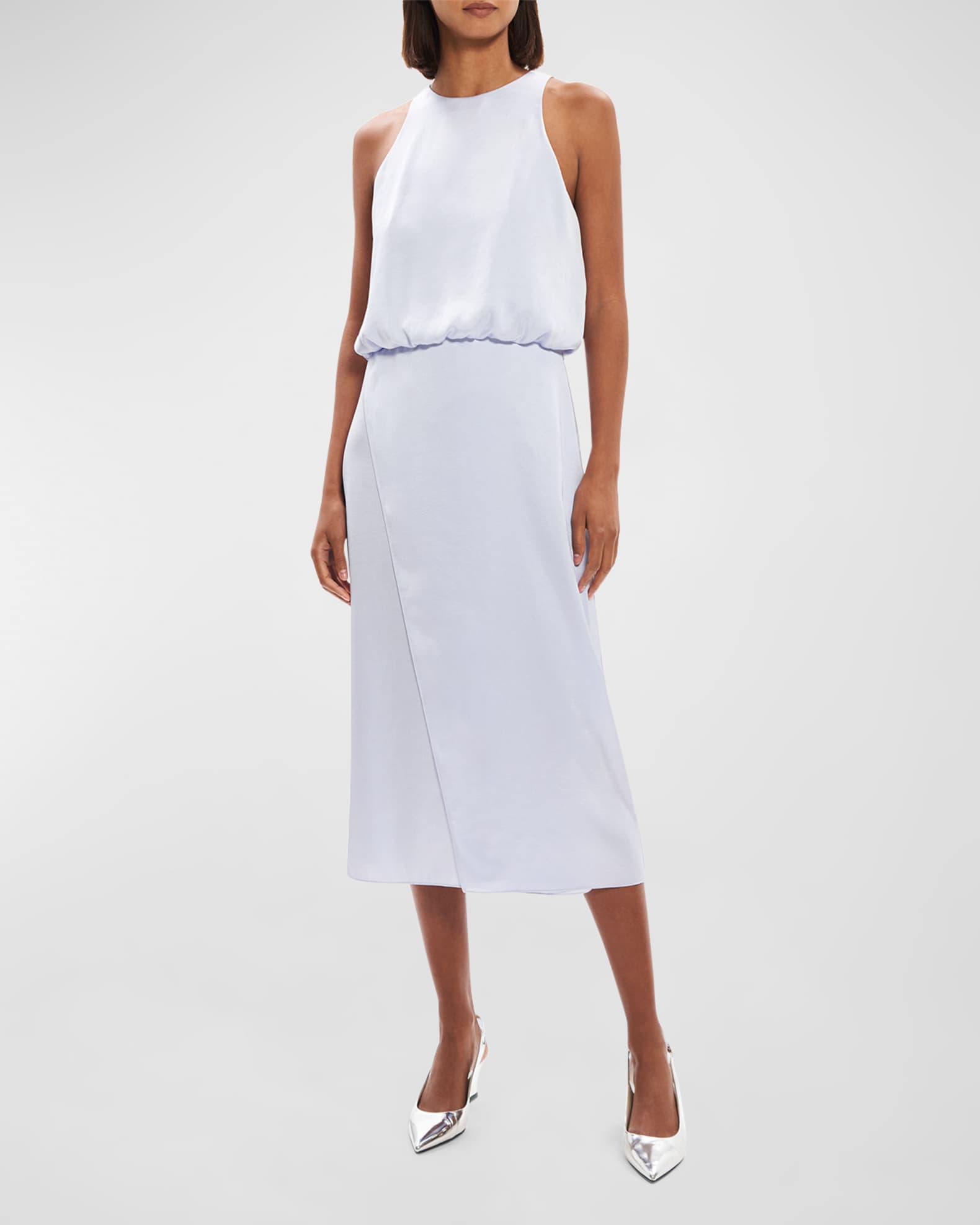 Theory Crushed Satin Sleeveless Racer Tank Midi Dress | Neiman Marcus
