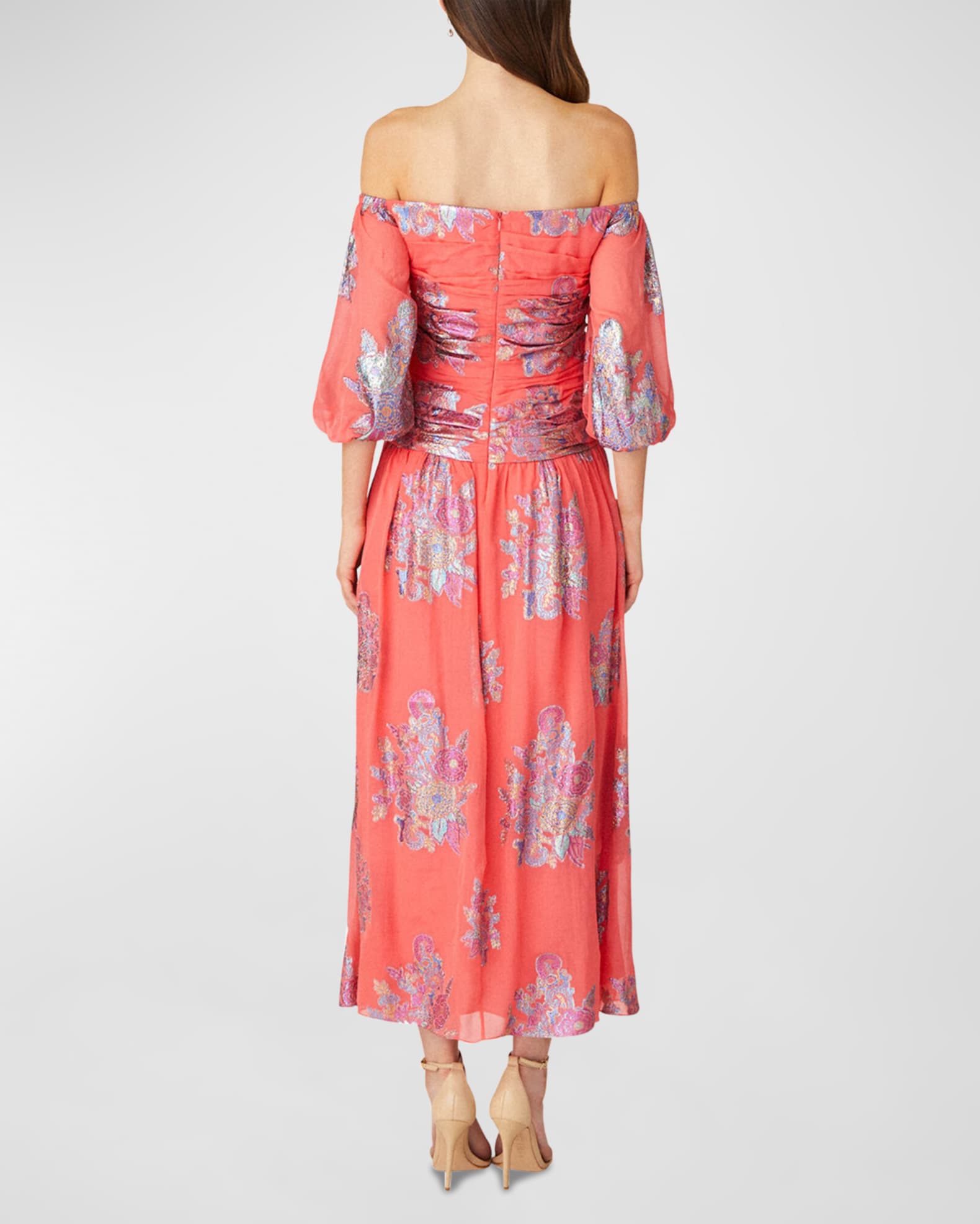 Shoshanna Ruched Off-Shoulder Floral Chiffon Midi Dress | Neiman Marcus