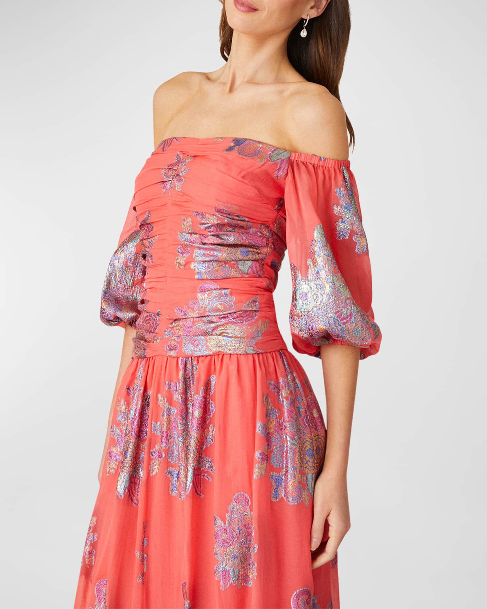 Shoshanna Ruched Off-Shoulder Floral Chiffon Midi Dress | Neiman Marcus