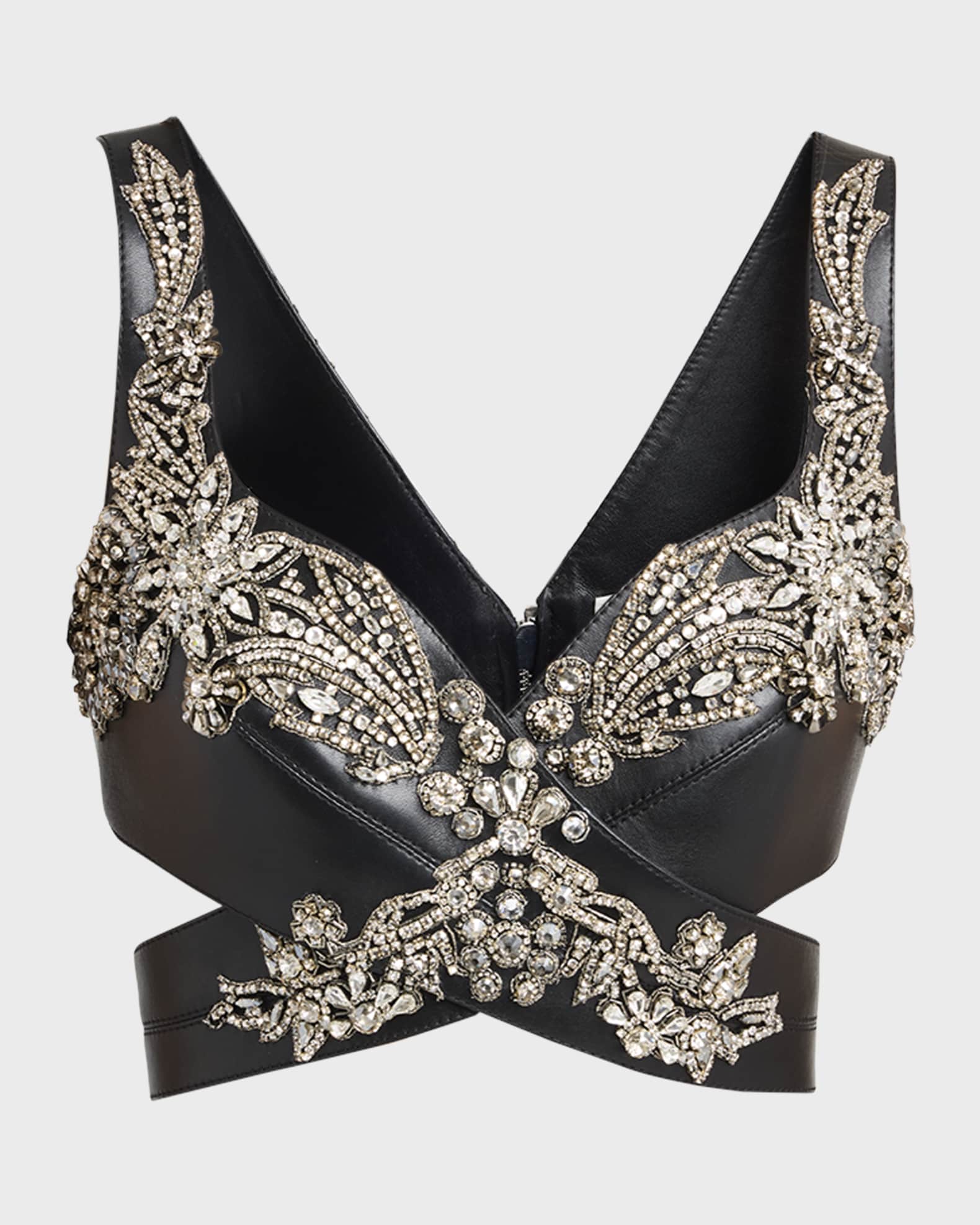 Alexander McQueen Crossed Wrap Leather Bra Top With Crystal ...
