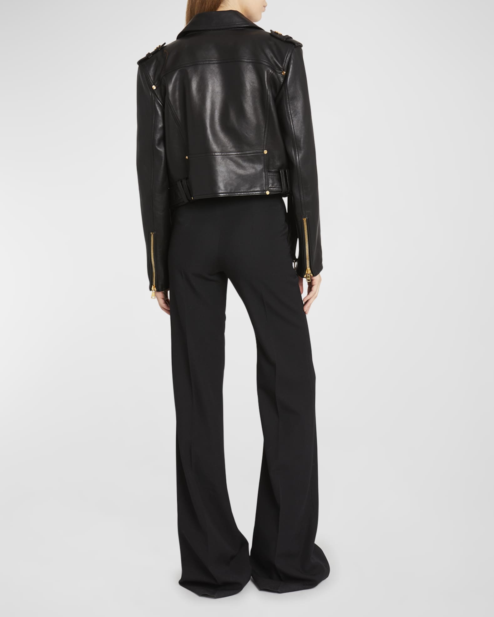 Balmain Cropped Leather Moto Jacket with Belted Waist | Neiman Marcus
