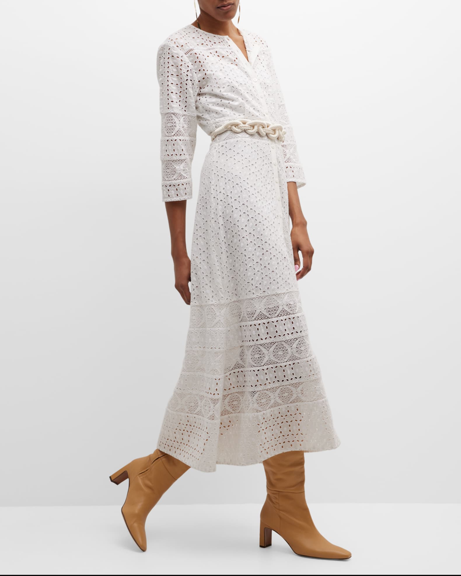Merlette Jules Button-Down Eyelet A-Line Midi Dress | Neiman Marcus