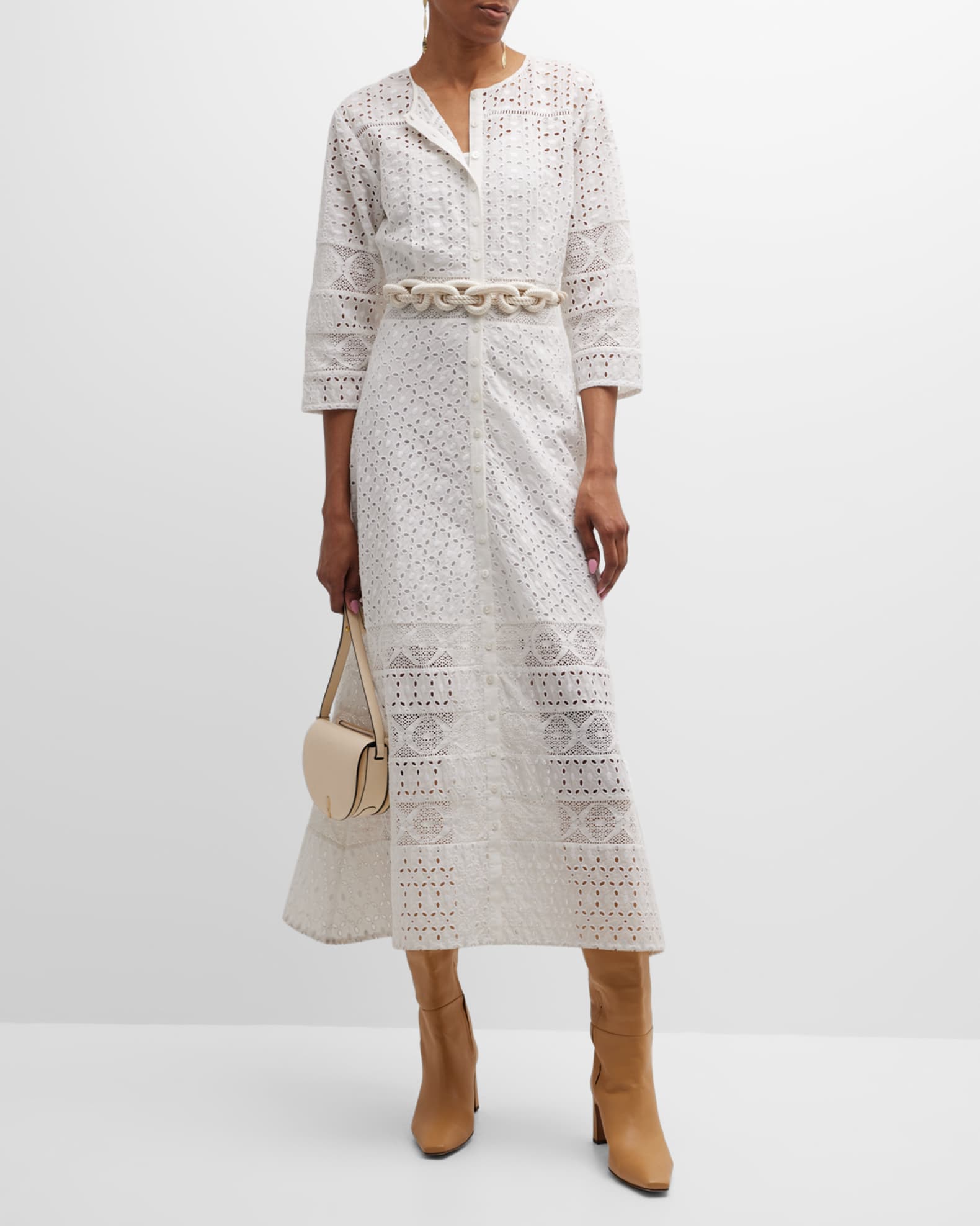 Merlette Jules Button-Down Eyelet A-Line Midi Dress | Neiman Marcus