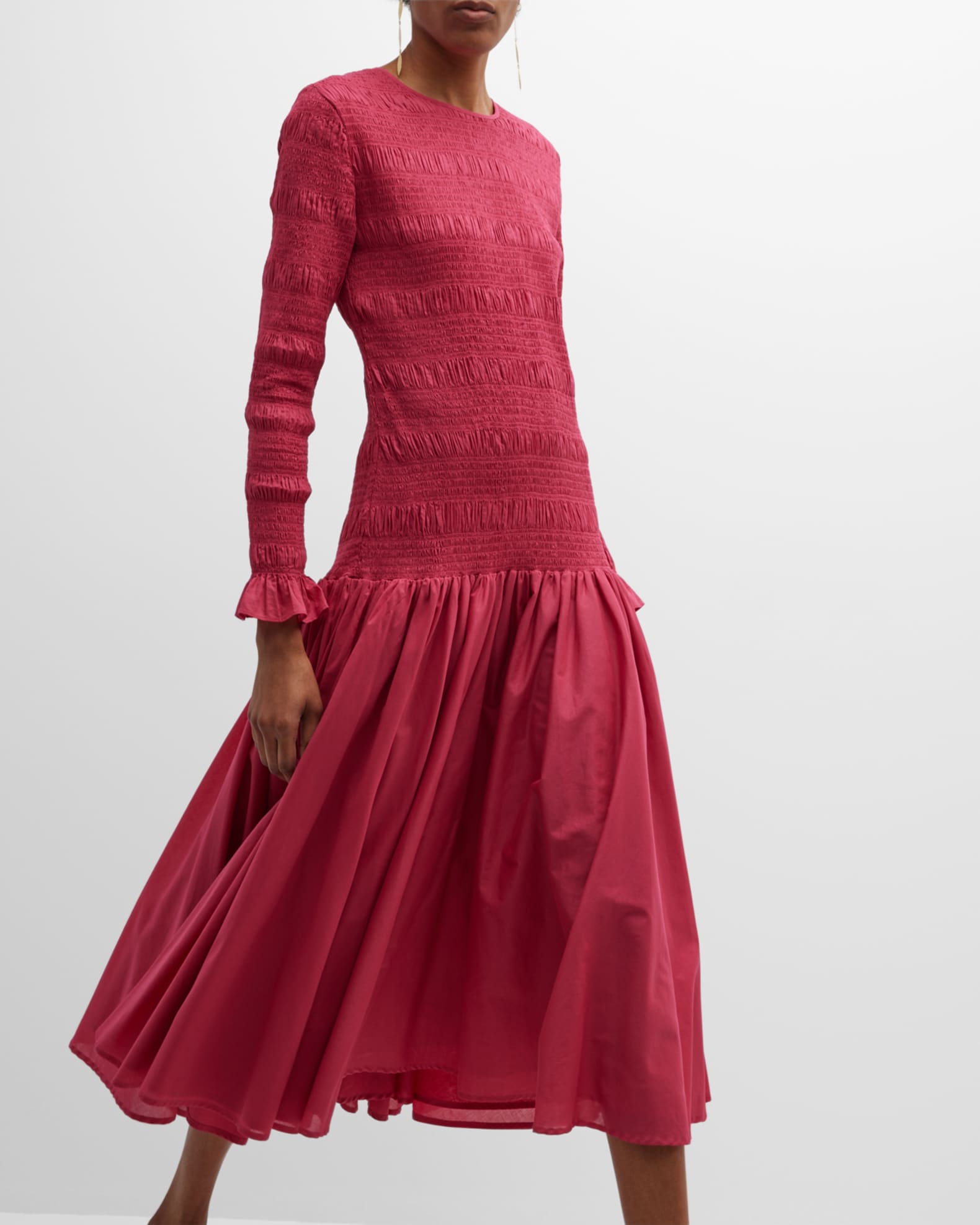 Merlette Syden Smocked Long-Sleeve A-Line Midi Dress | Neiman Marcus