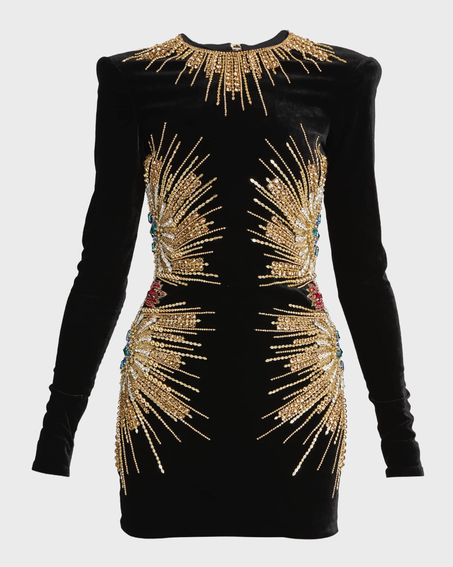 Balmain Embroidered Velvet Long-Sleeve Mini Dress | Neiman Marcus