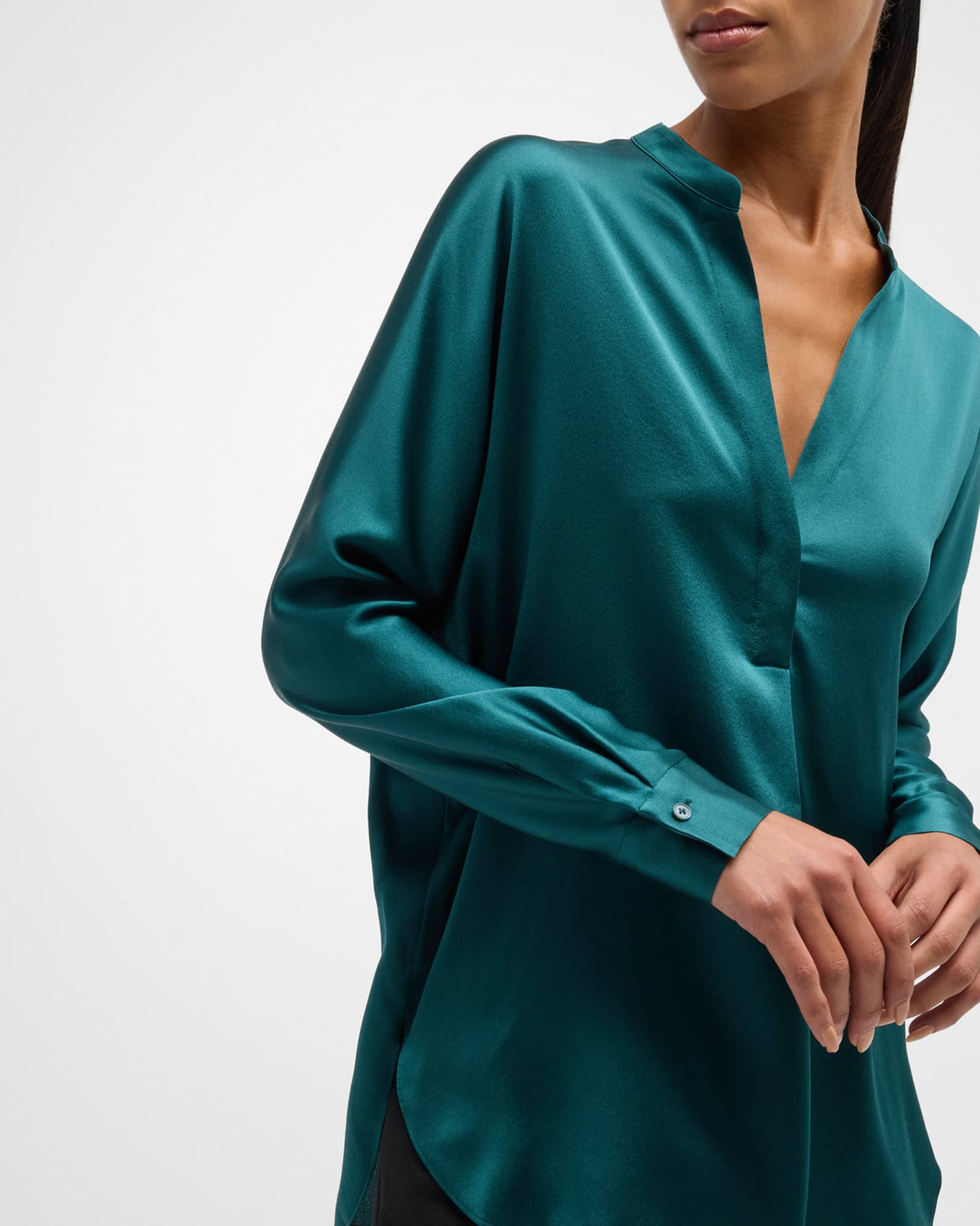 Vince Band-Collar Split-Neck Silk Blouse | Neiman Marcus