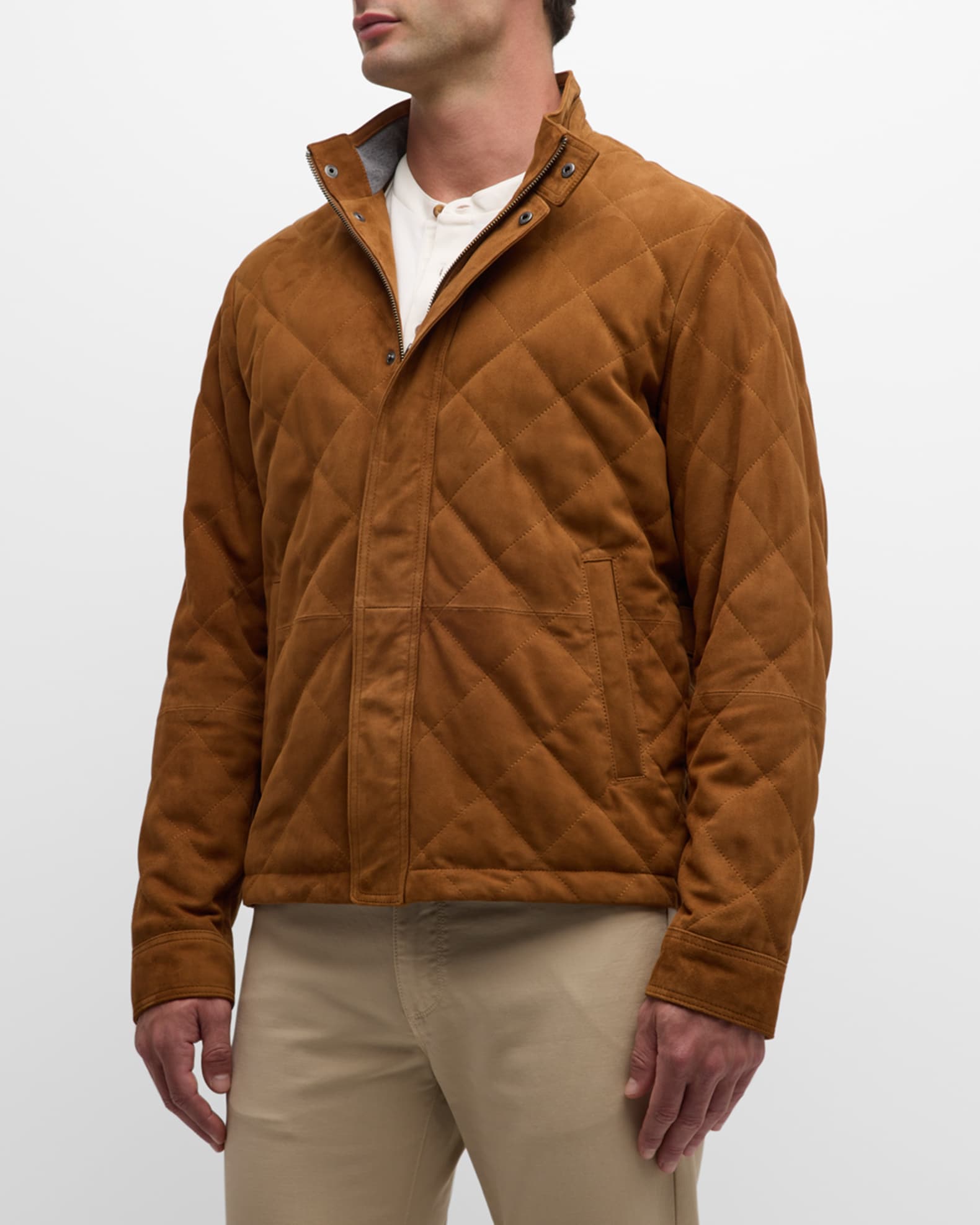 Peter Millar Men's Suede Norfolk Quilted Bomber Jacket | Neiman Marcus