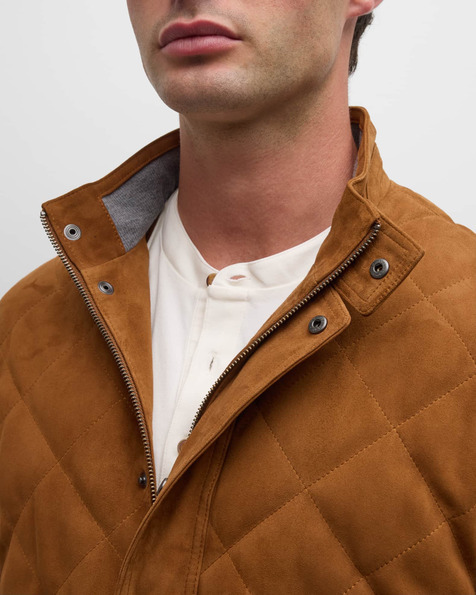 Peter Millar Men's Suede Norfolk Quilted Bomber Jacket | Neiman Marcus