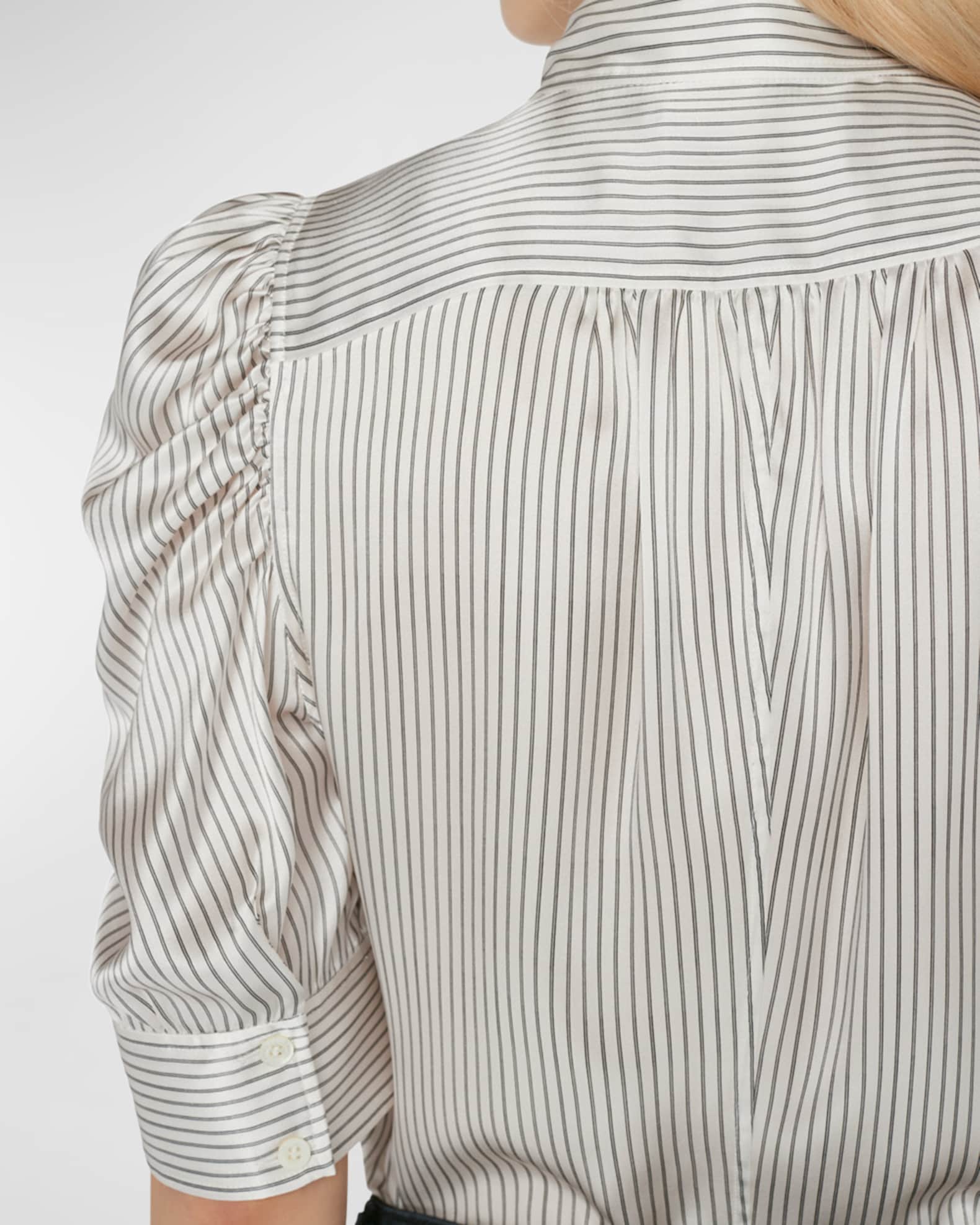 FRAME Gillian Stripe Silk Ruched-Sleeve Top | Neiman Marcus