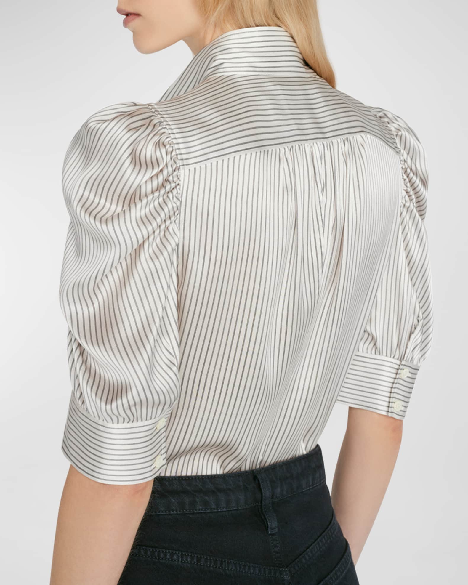 FRAME Gillian Stripe Silk Ruched-Sleeve Top | Neiman Marcus