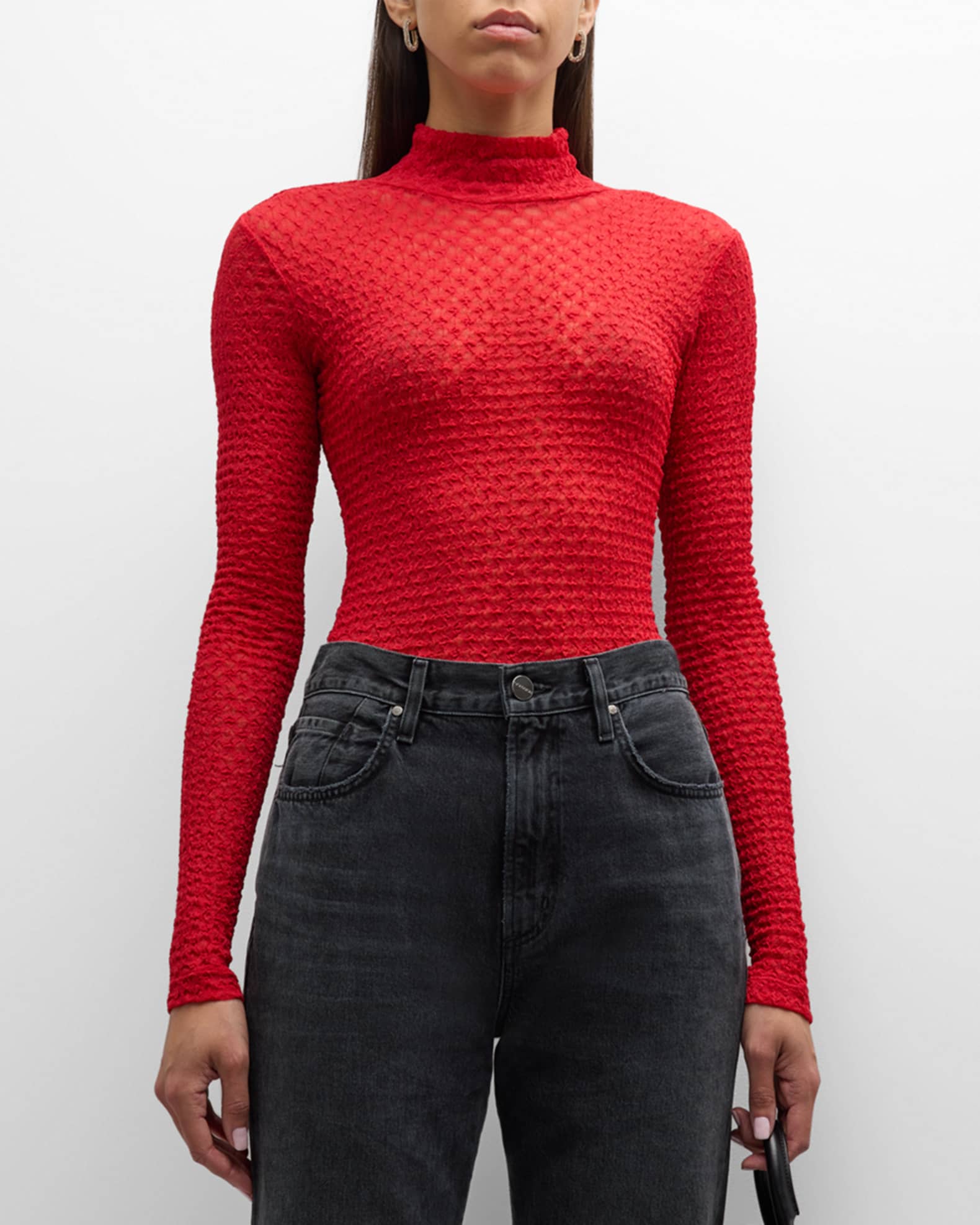FRAME Stretch Mesh Lace Turtleneck | Neiman Marcus