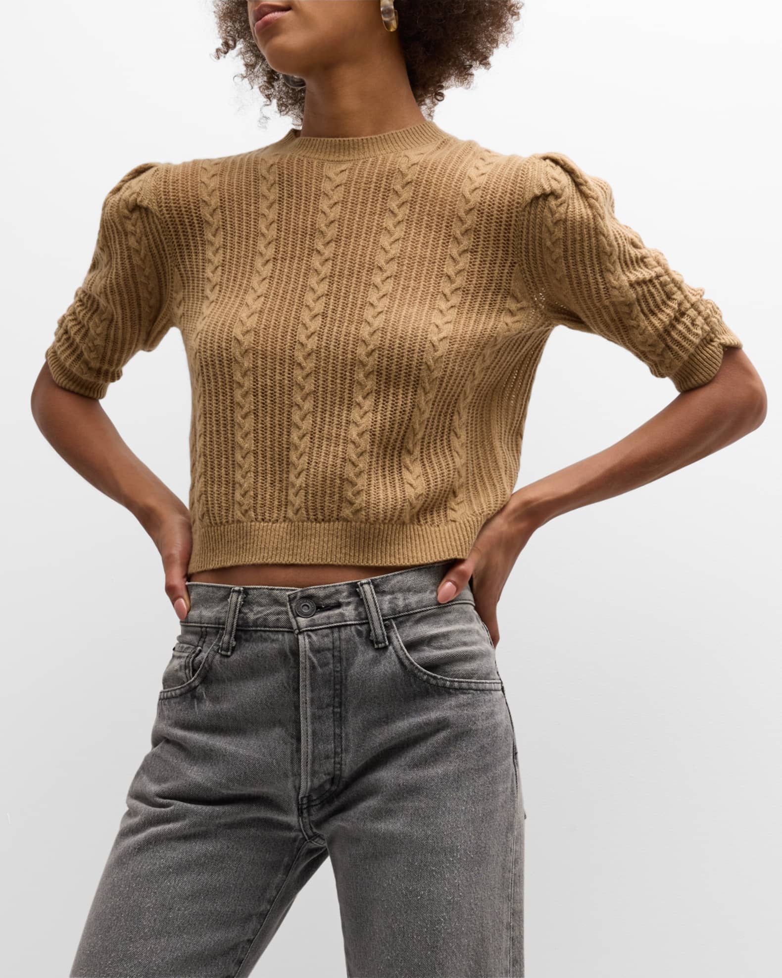 FRAME Pointelle Cashmere-Wool Cropped Sweater | Neiman Marcus