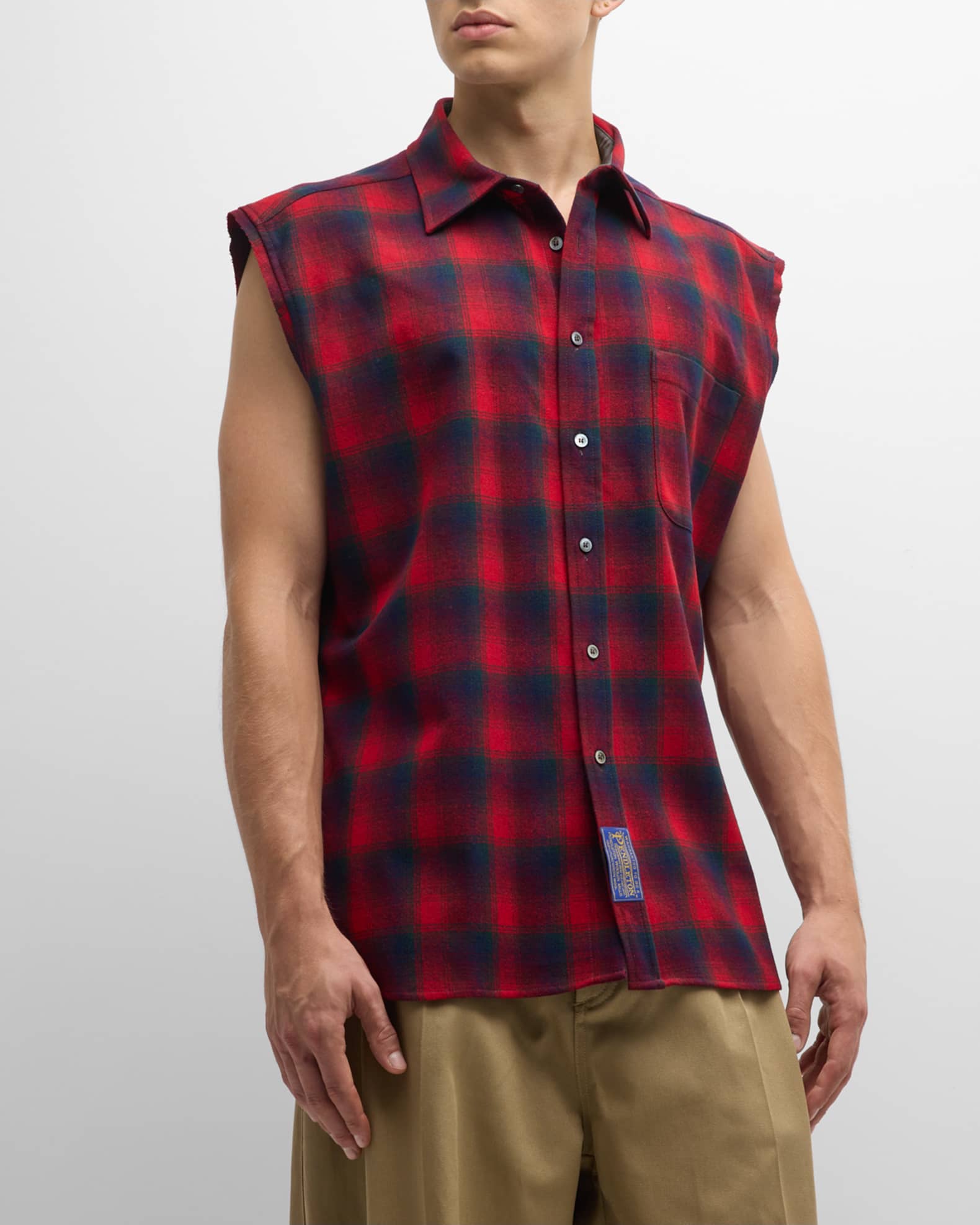 Maison Margiela Men's Cutoff Flannel Button-Down Shirt | Neiman Marcus